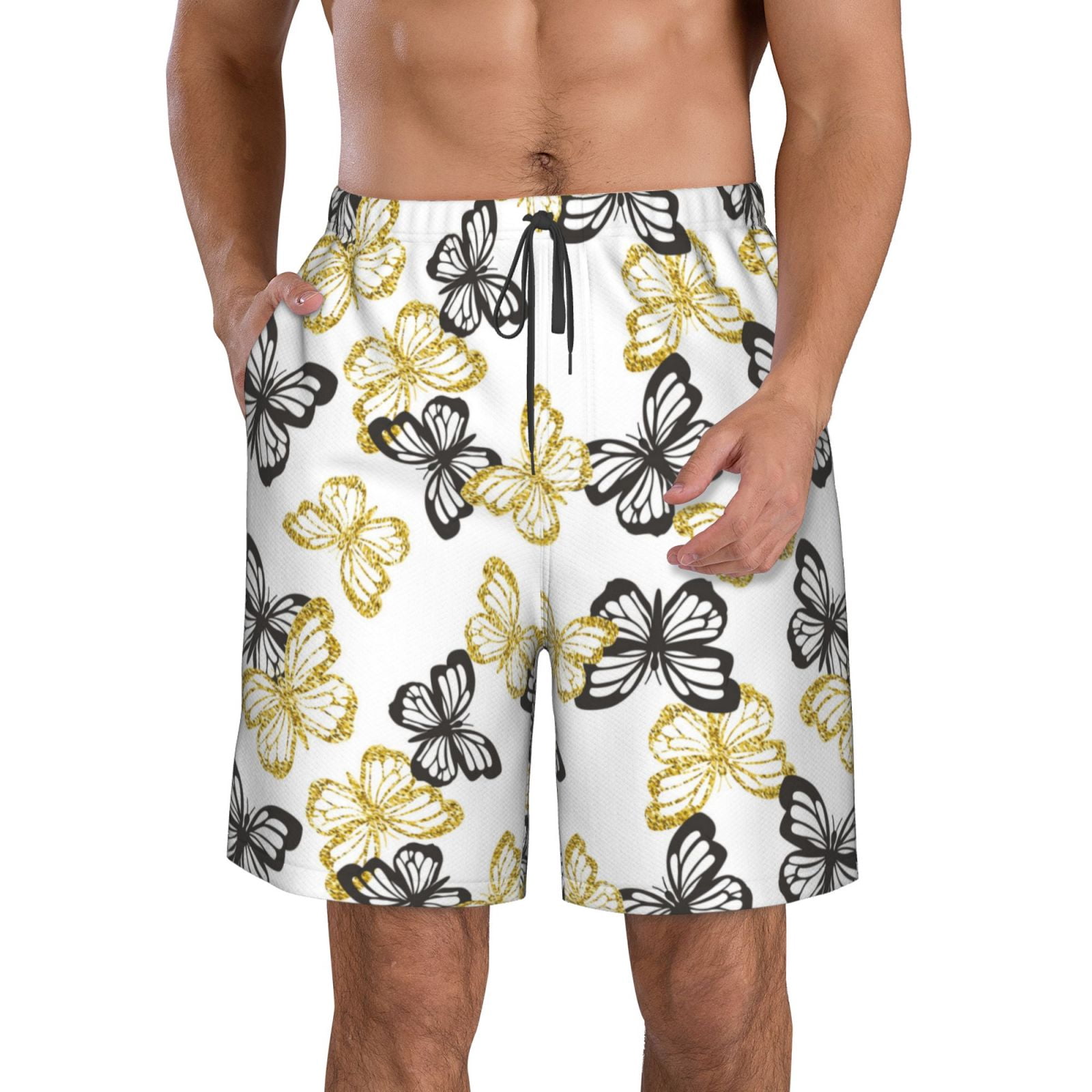 Cauagu Golden Glitter Butterflies Print Men's Swim Trunks,Hawaiian ...