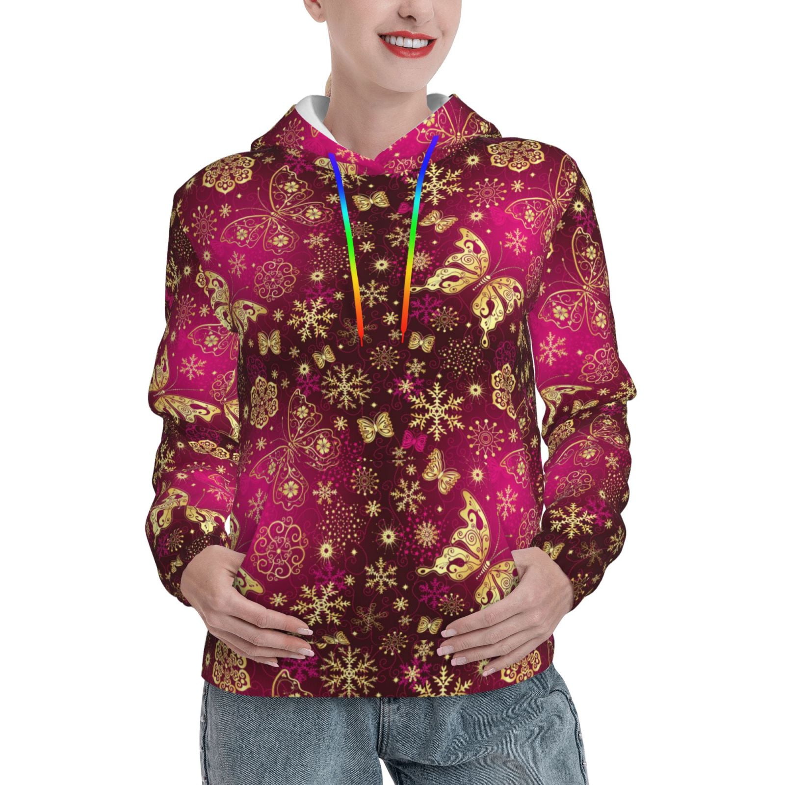 Cauagu Golden Snowflakes And And Butterflies for Women's Hooded Sweatshirts Pullover Hoodie for ...