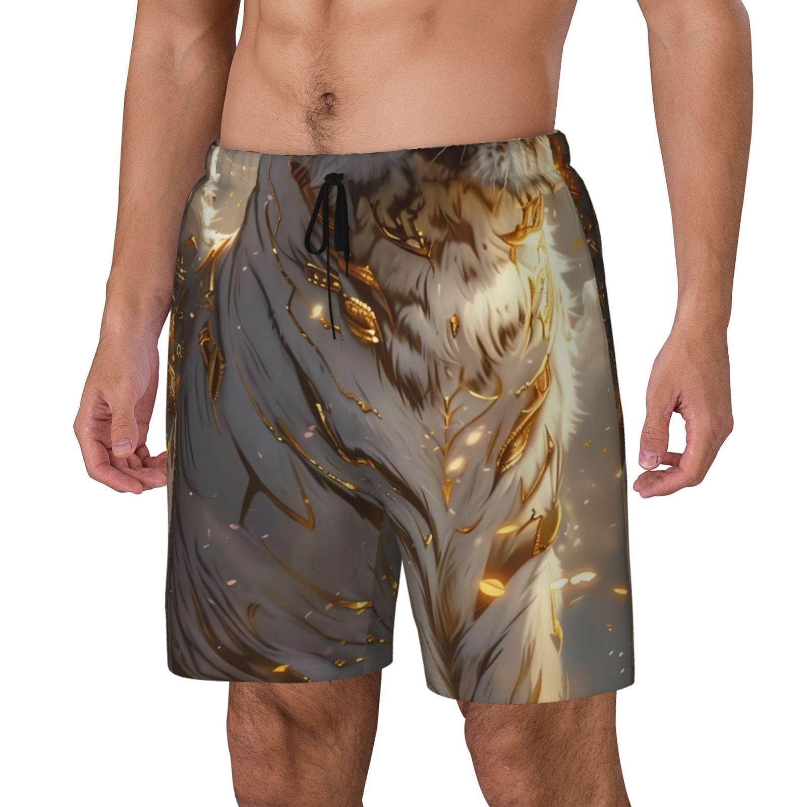 Cauagu Golden White Tiger Print Mens Swim Trunks Quick Dry Board Shorts ...