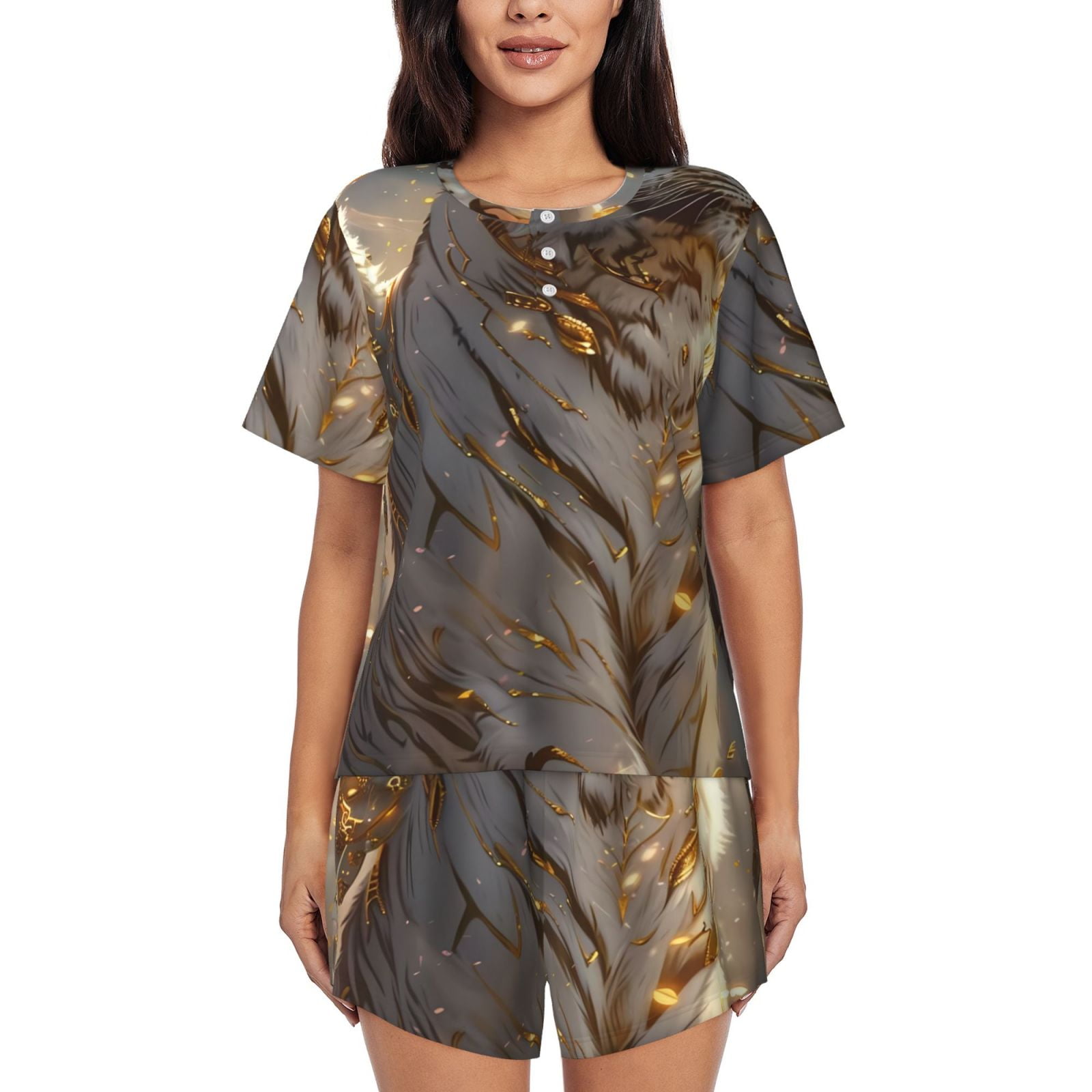 Cauagu Golden White Tiger for Women's Round Neck Pajama Set,Short ...