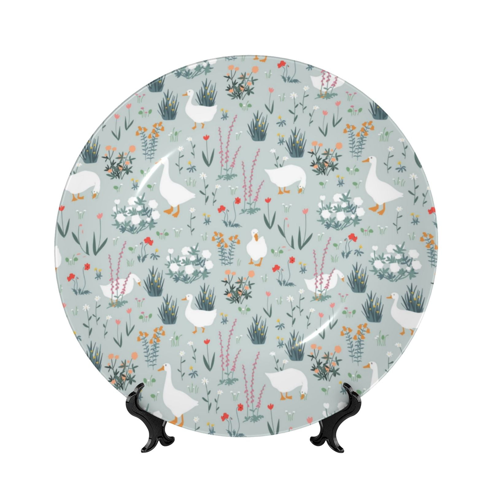 Cauagu Goose and Doodle Flowers Print Bone China Decorative Plate, Wall ...