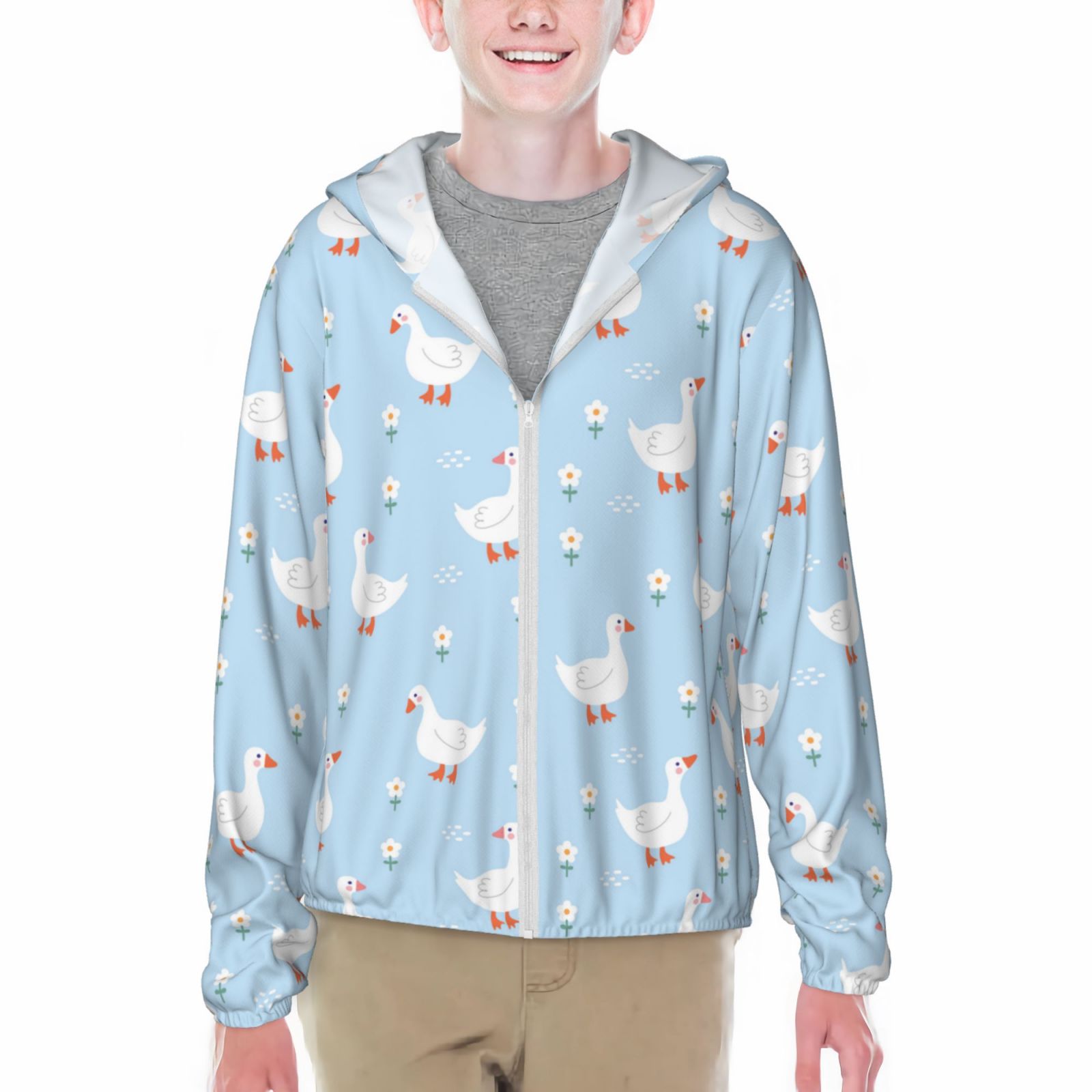 Cauagu Goose White Flowers Print Sun Protection Jacket for Teen,Full-Zipper Long Sleeve Sun ...