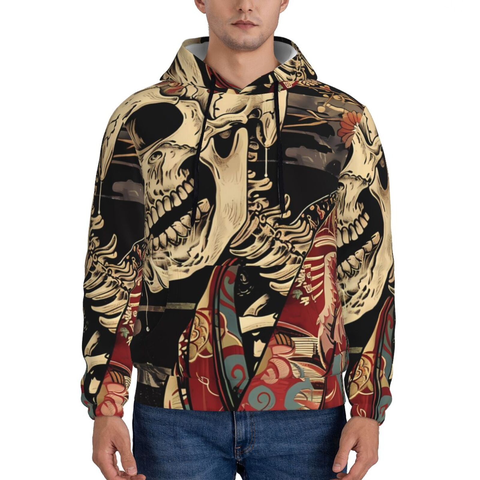 Cauagu Gothic Eastern Floral Skull for Men's Pullover Hooded Sweatshirt ...