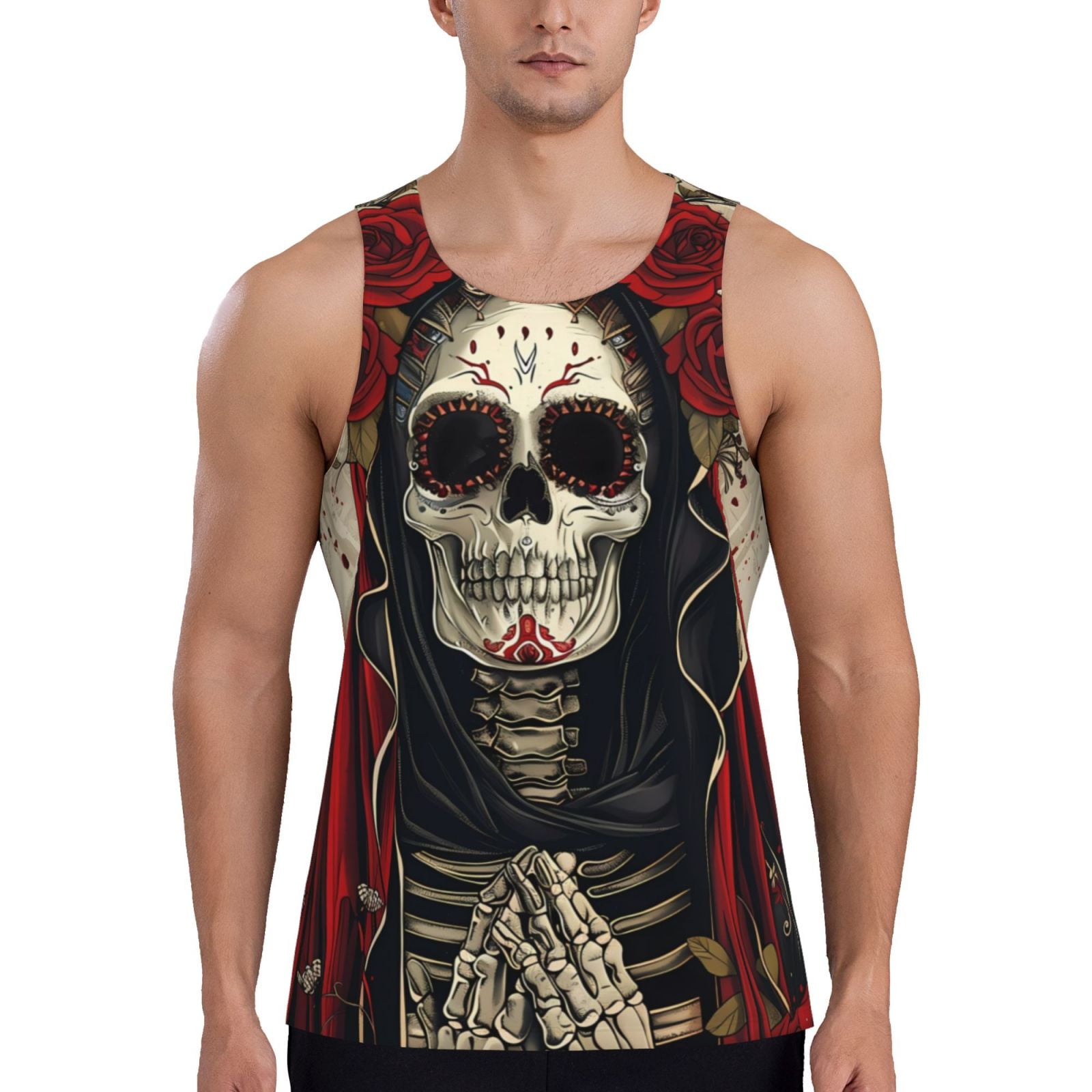 Cauagu Gothic Skull With Roses Print Men's Sleeveless Muscle Shirts ...