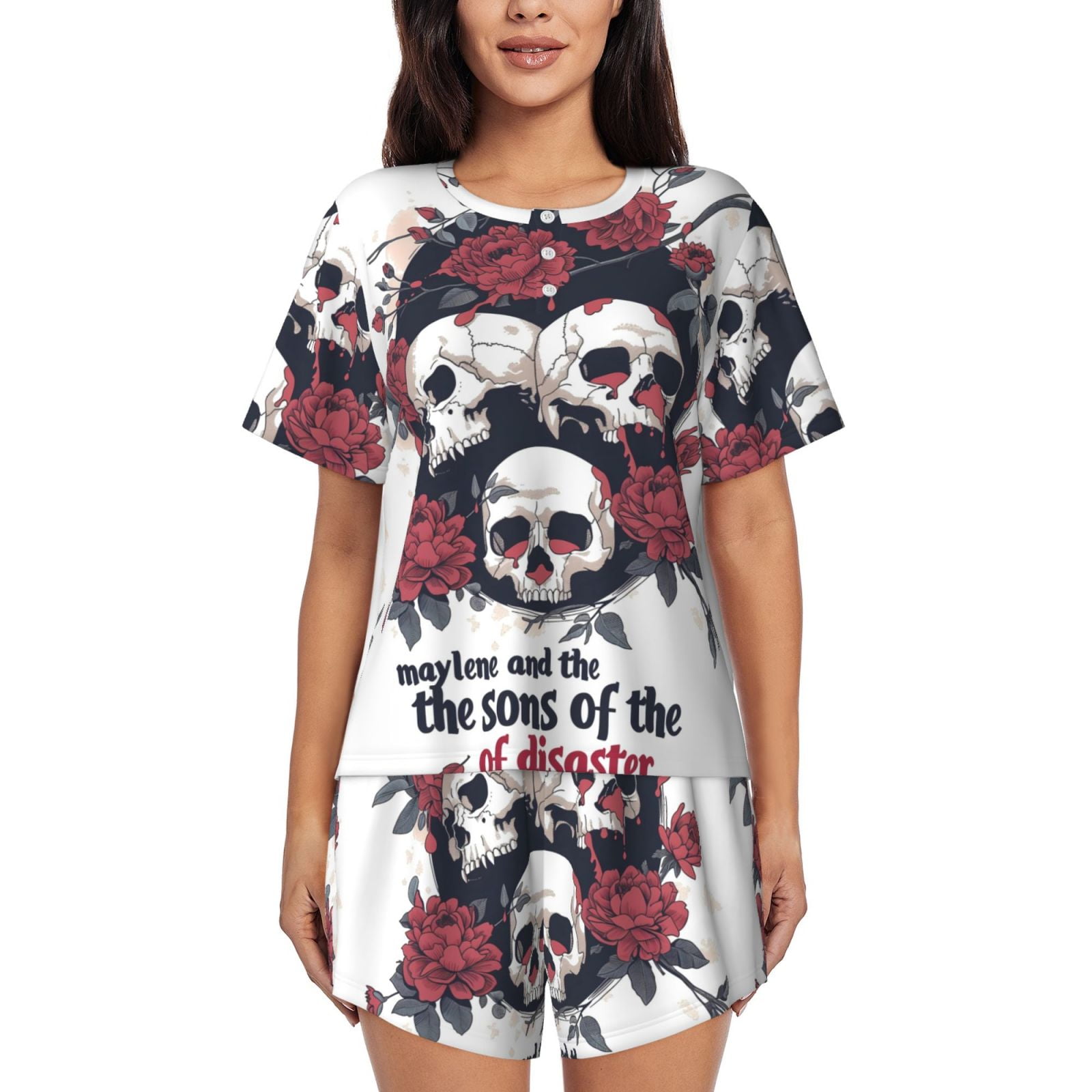Cauagu Gothic Skulls And Roses for Women's Round Neck Pajama Set,Short ...