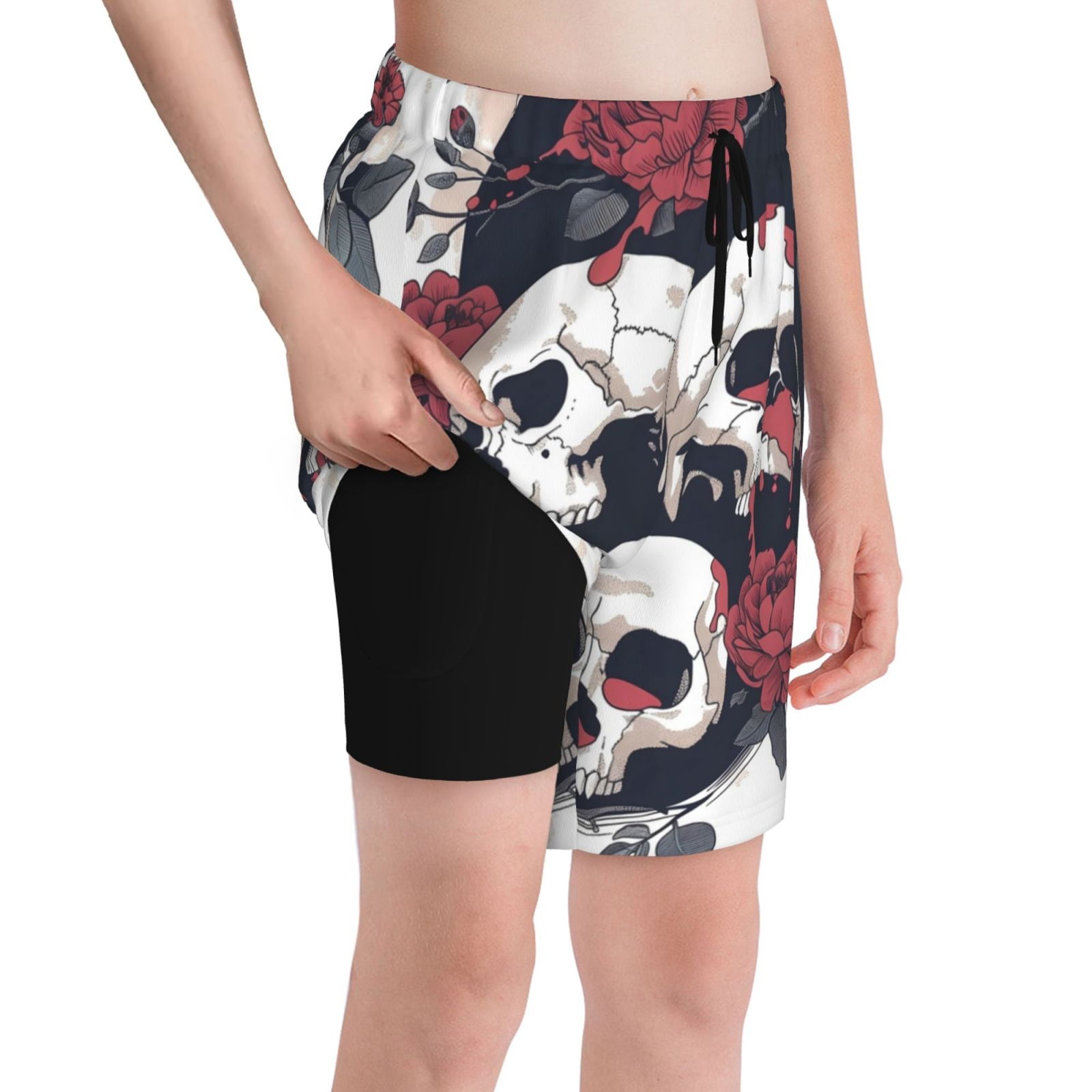 Cauagu Gothic Skulls And Roses Print Swim Trunks for Men,Youth Boys ...