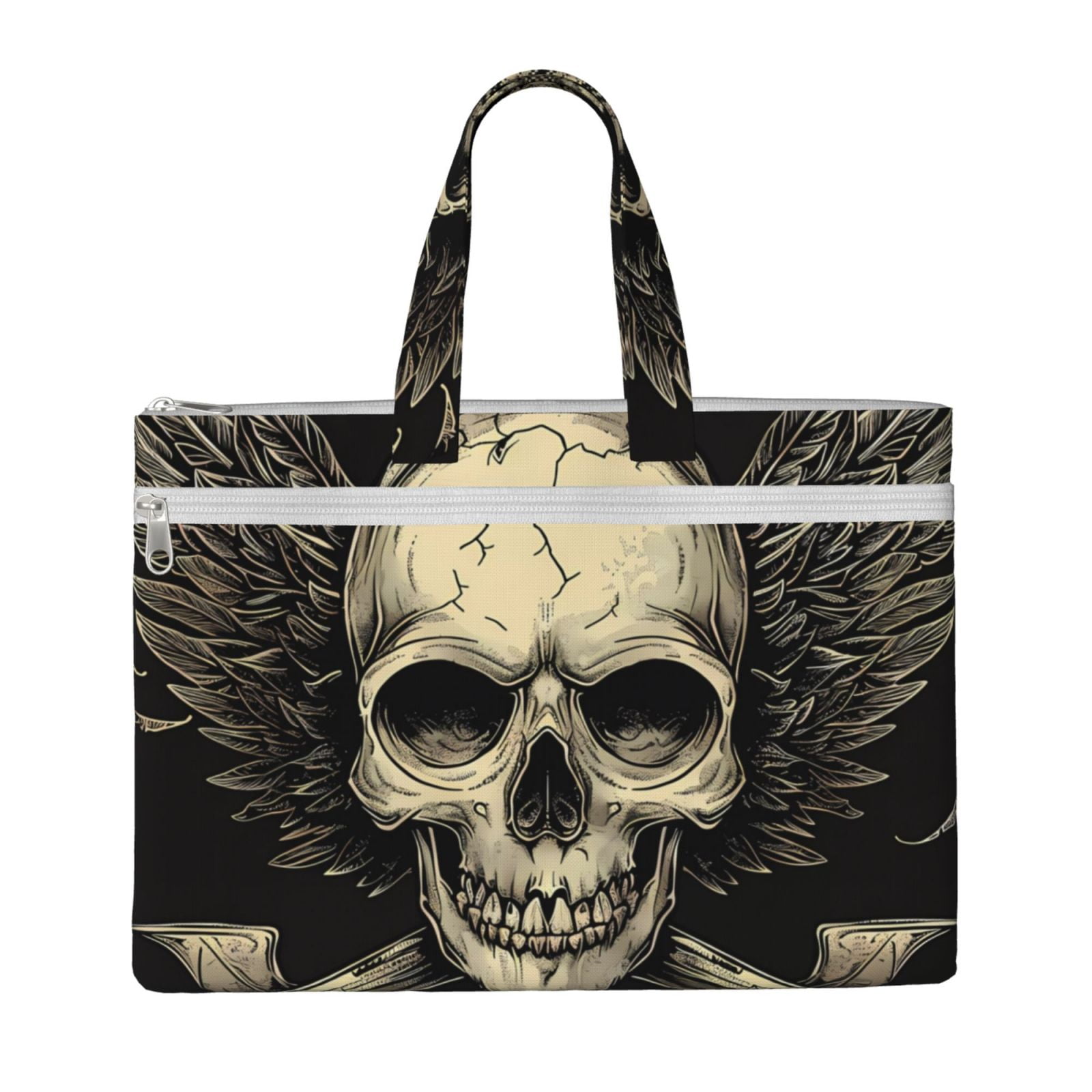 Cauagu Gothic Winged Skull Pattern Canvas Tote File Bag, Zipper Tote ...
