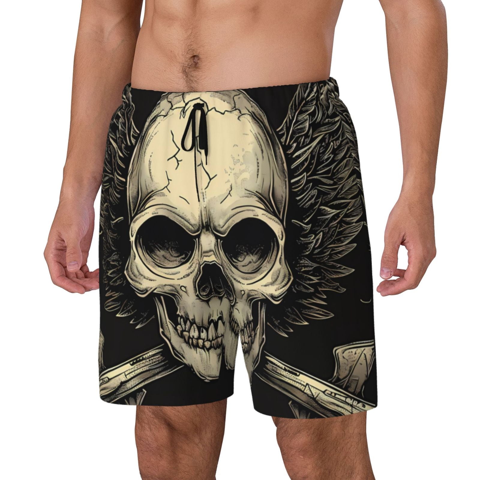 Cauagu Gothic Winged Skull Print Mens Swim Trunks Quick Dry Board ...