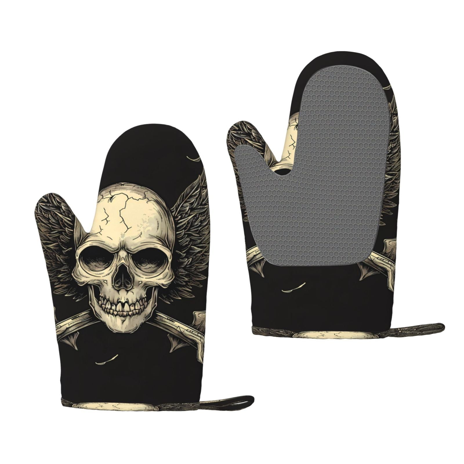 Cauagu Gothic Winged Skull Print Oven Mitts 2 Piece Set,BBQ Gloves ...