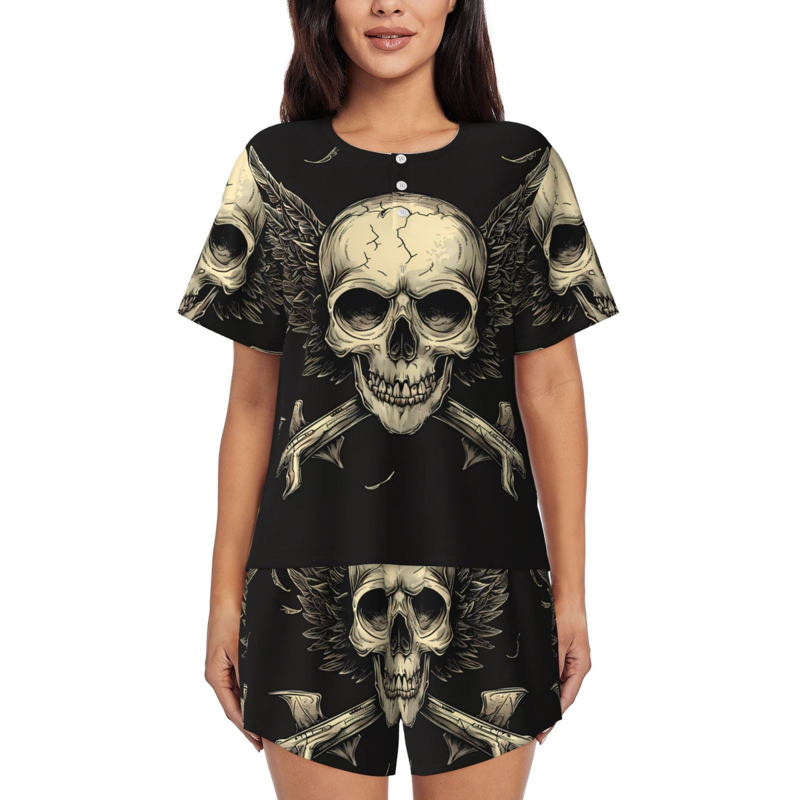 Cauagu Gothic Winged Skull for Women's Round Neck Pajama Set,Short ...