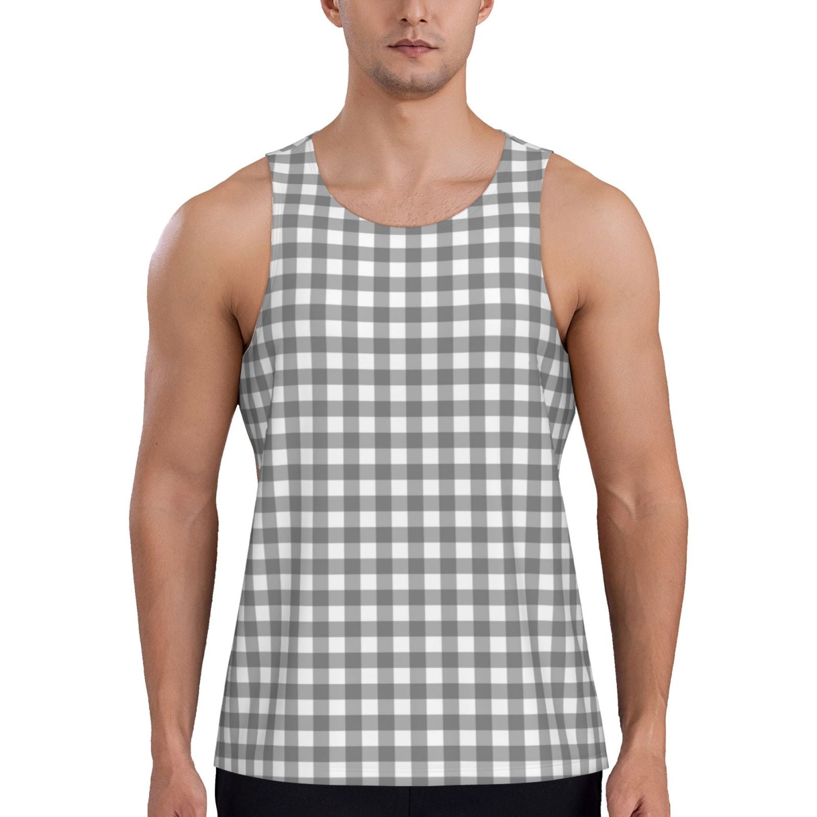 Cauagu Gray Checkboard Print Men's Sleeveless Muscle Shirts,Tank Tops ...