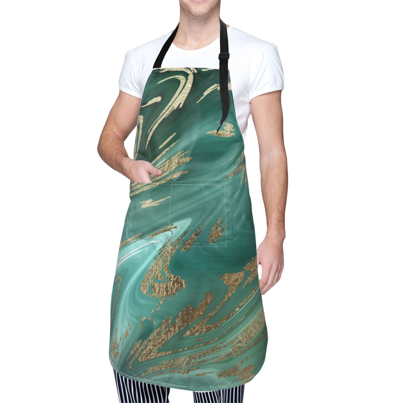 Cauagu Green And Gold Marble Aprons with Pockets,Waterproof Apron for ...