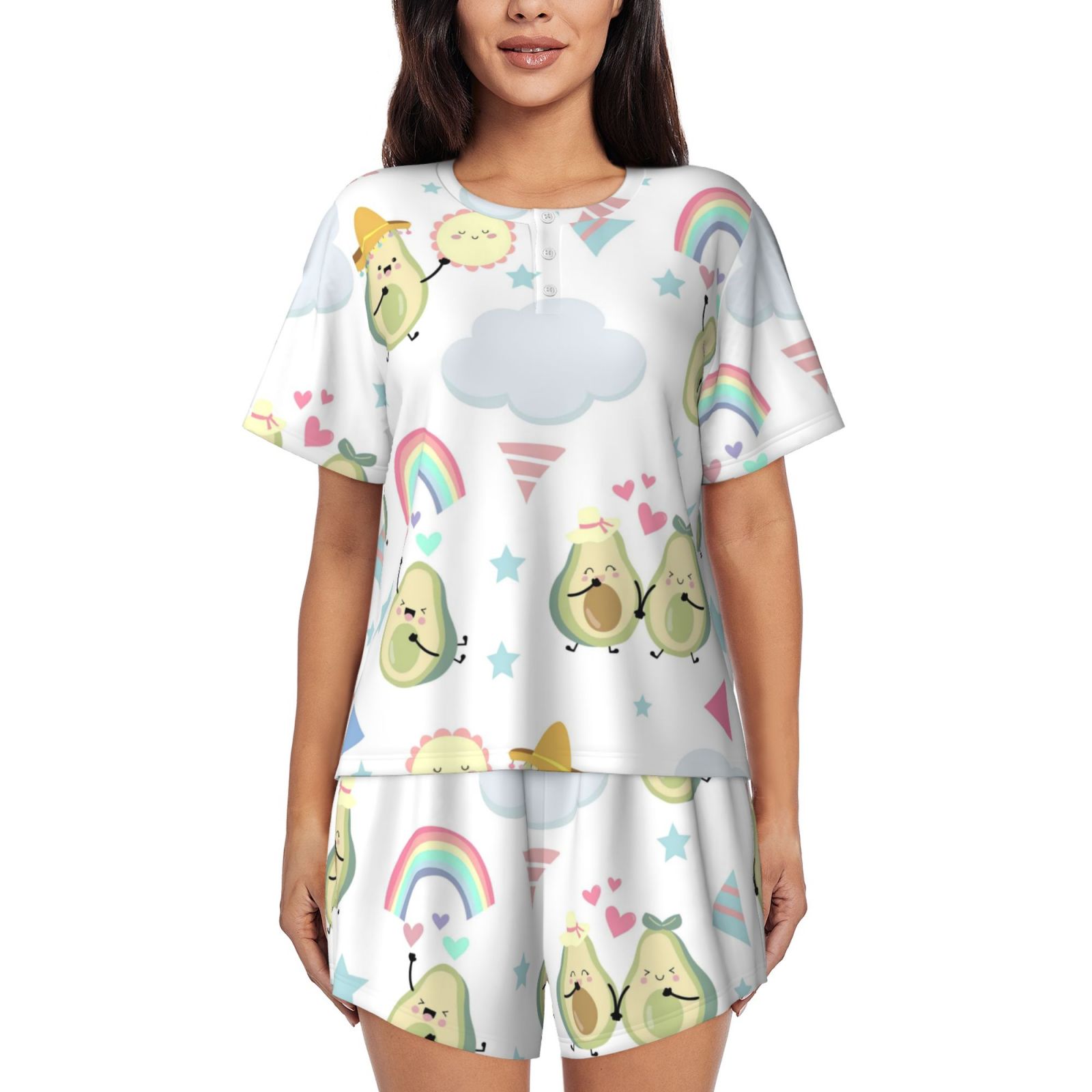 Cauagu Green Blue Avocado for Women's Round Neck Pajama Set,Short-Sleeved Pajamas Soft Sleepwear ...