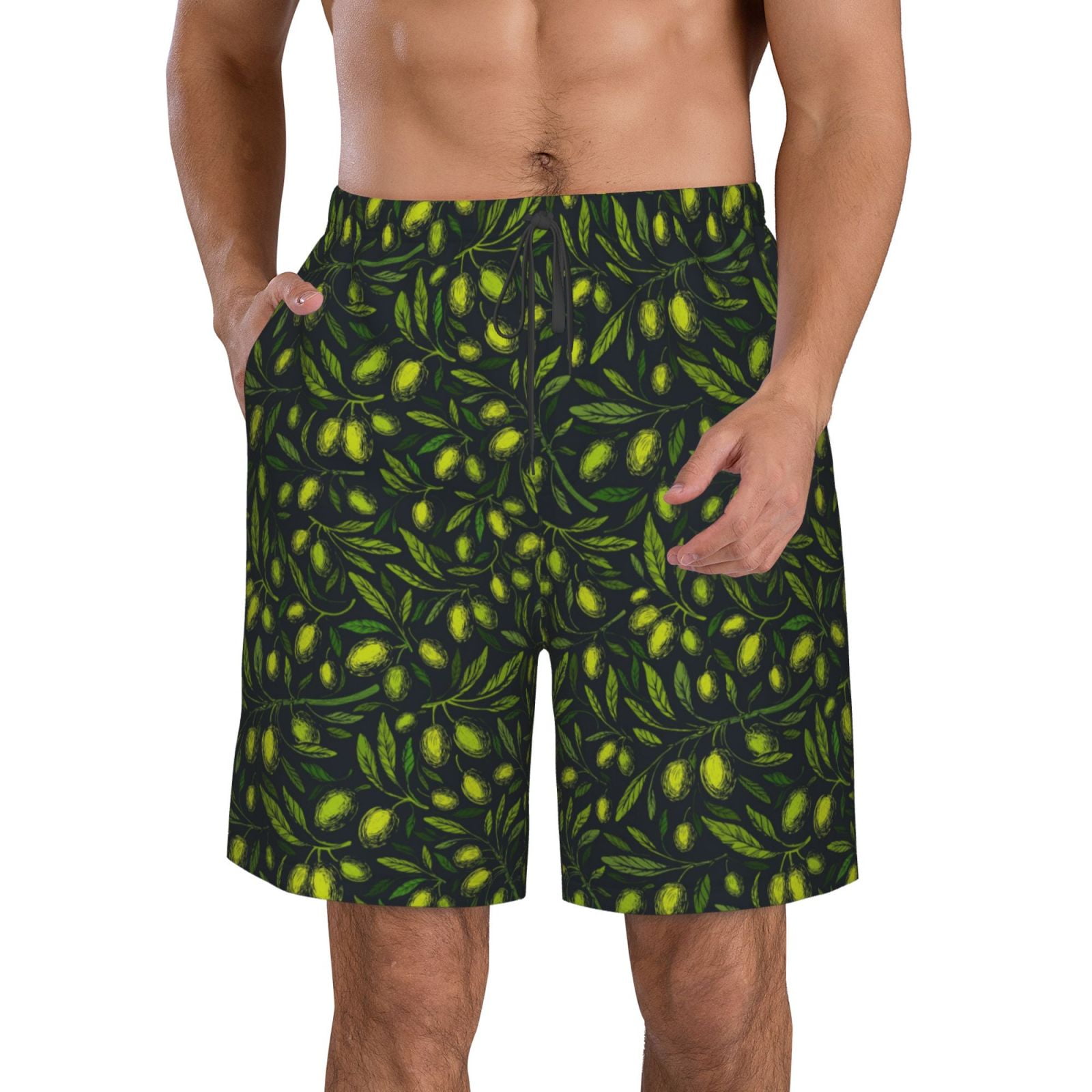 Cauagu Green Branch Olive Print Men's Swim Trunks,Hawaiian Bathing Suit ...