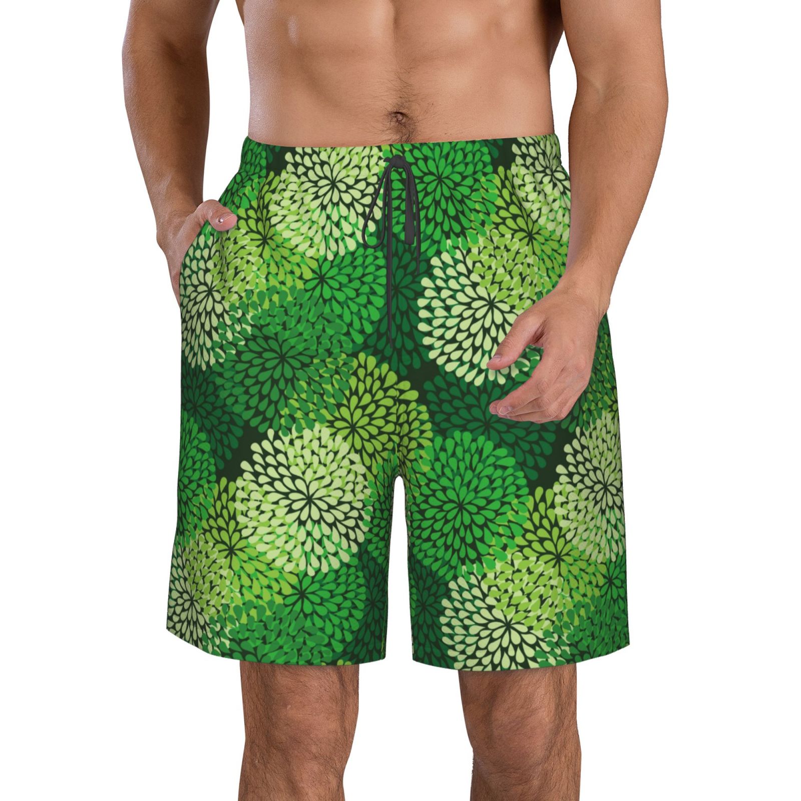 Cauagu Green Flower Print Men's Swim Trunks,Hawaiian Bathing Suit ...