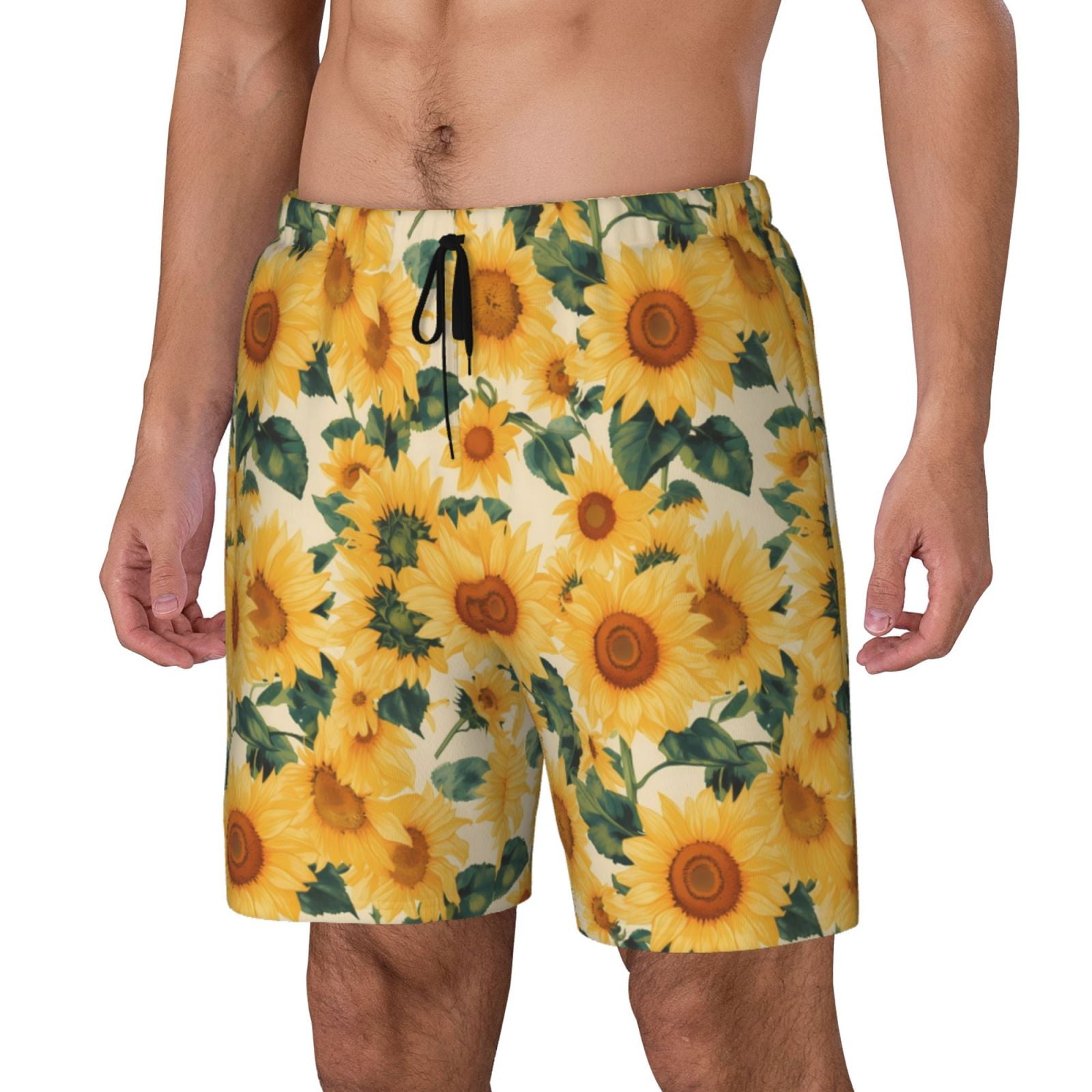 Cauagu Green Leaf Sunflower Print Mens Swim Trunks Quick Dry Board ...