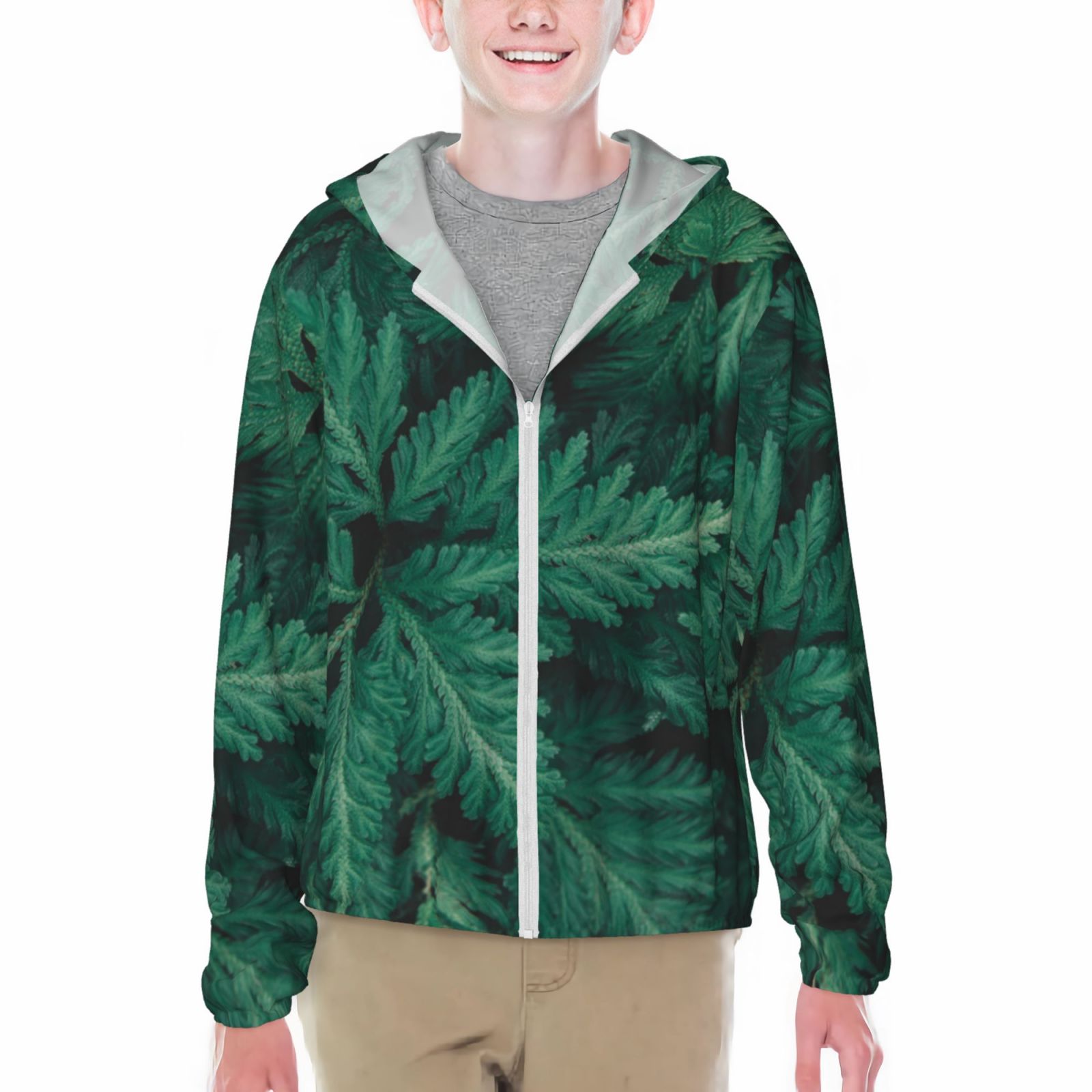Cauagu Green Leave Fern Print Sun Protection Jacket for Teen,Full-Zipper Long Sleeve Sun Shirts ...