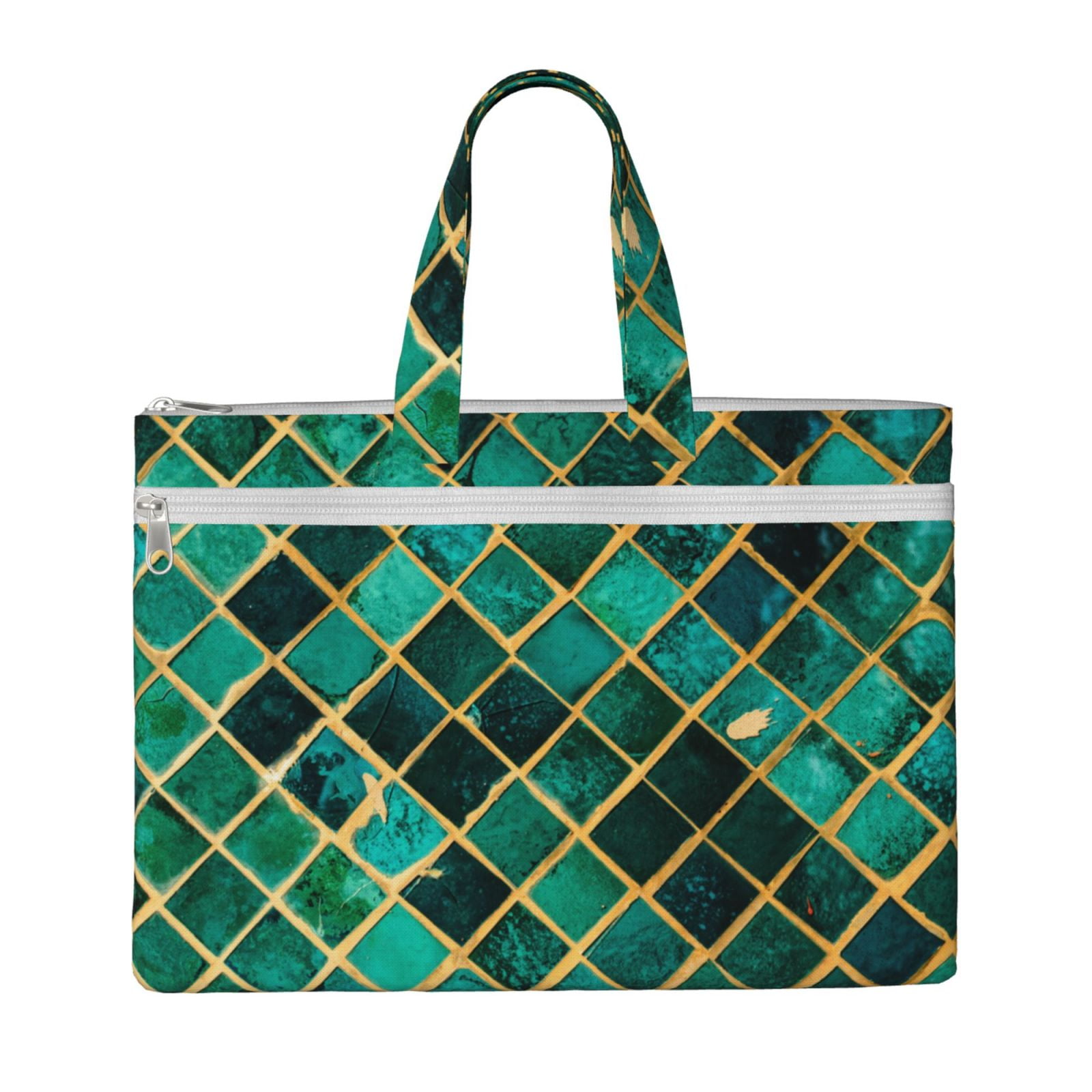 Cauagu Green Mosaic Glass Pattern Canvas Tote File Bag, Zipper Tote Bag ...