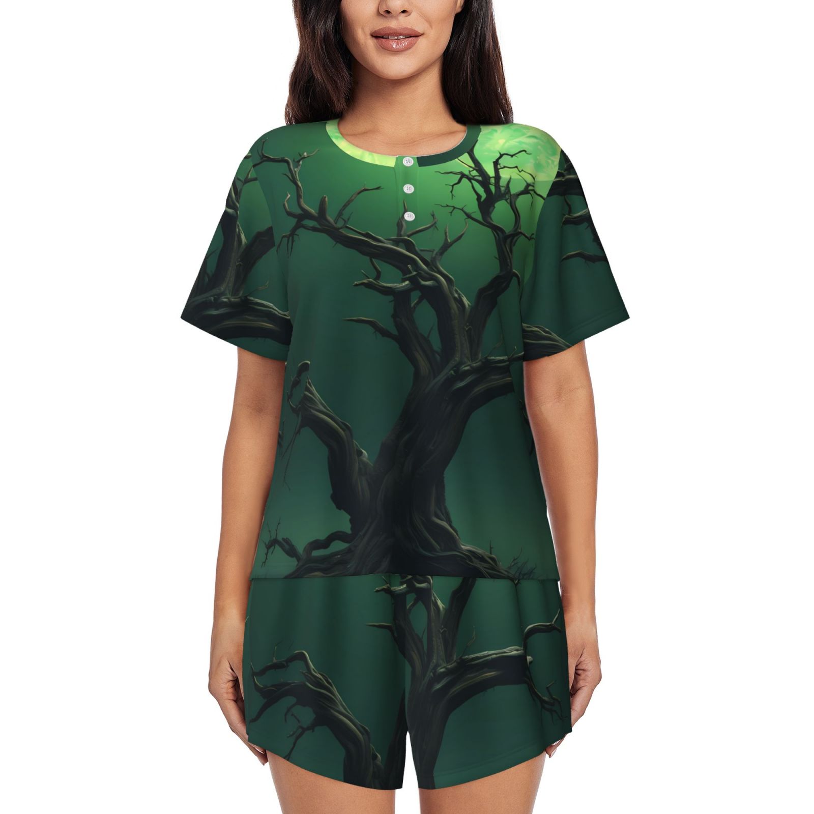 Cauagu Green Night Sky Moon Branches for Women's Round Neck Pajama Set ...