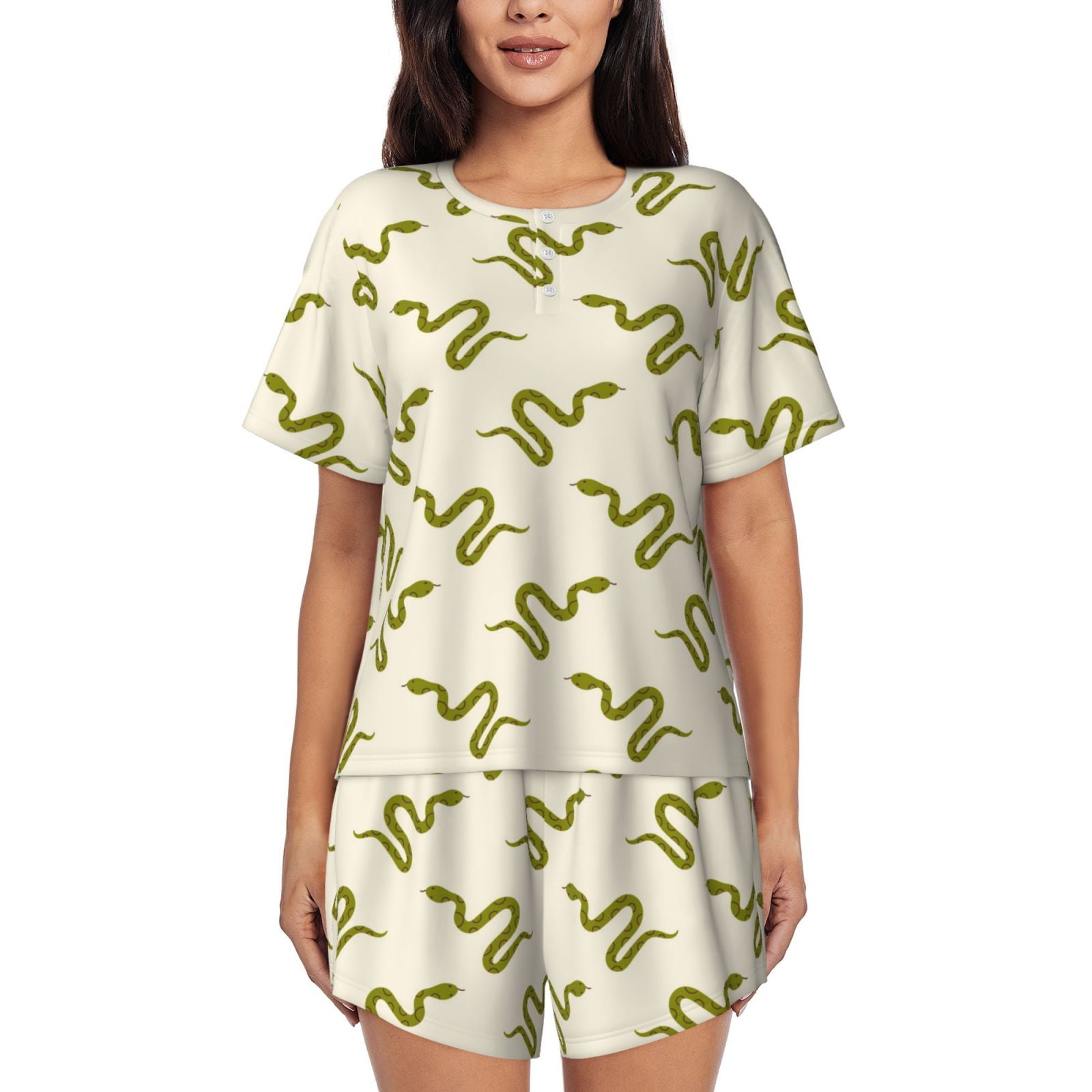 Cauagu Green Snake for Women's Round Neck Pajama Set,Short-Sleeved ...