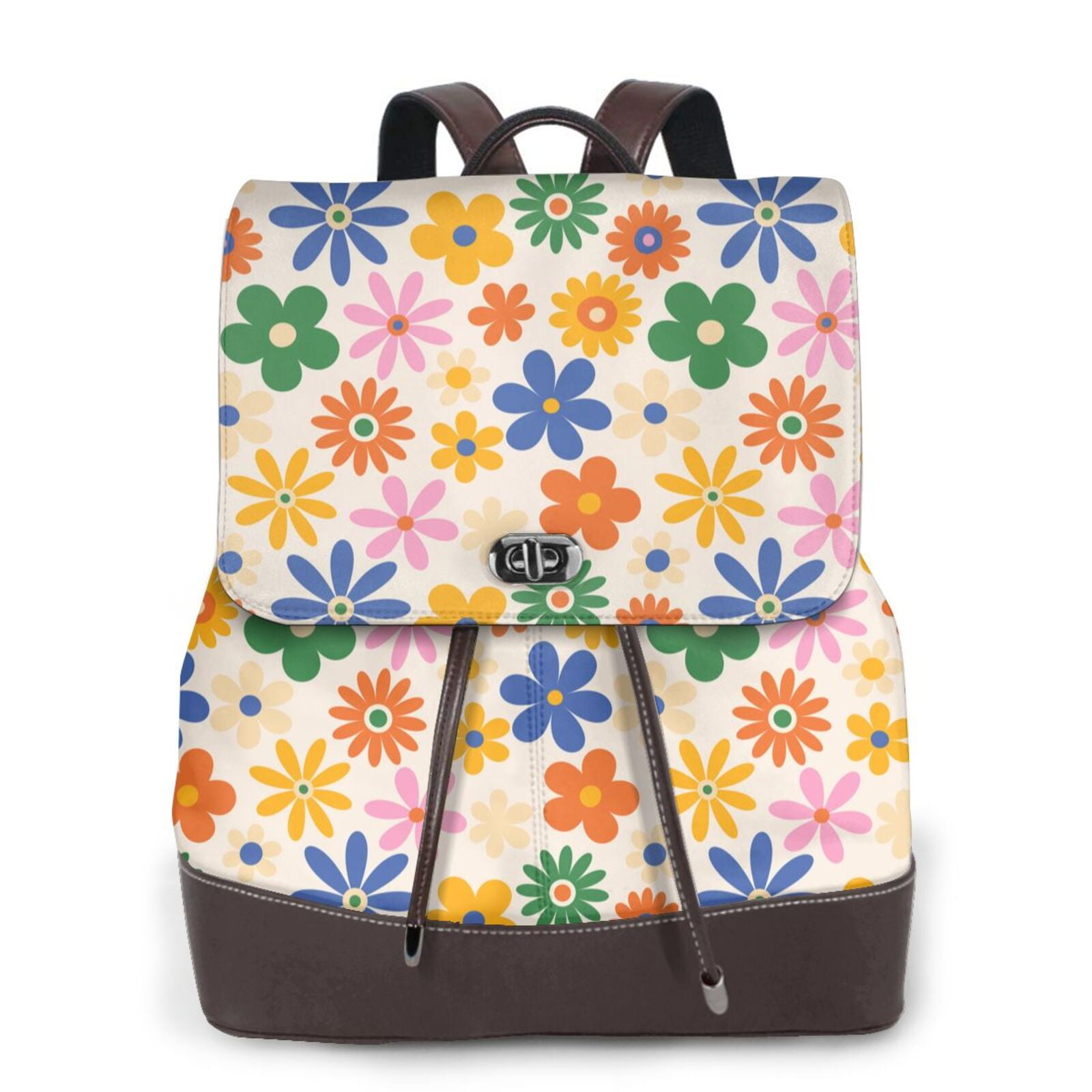 Cauagu Groovy Daisy Flowers Print Women's PU Leather Backpack,Fashion ...