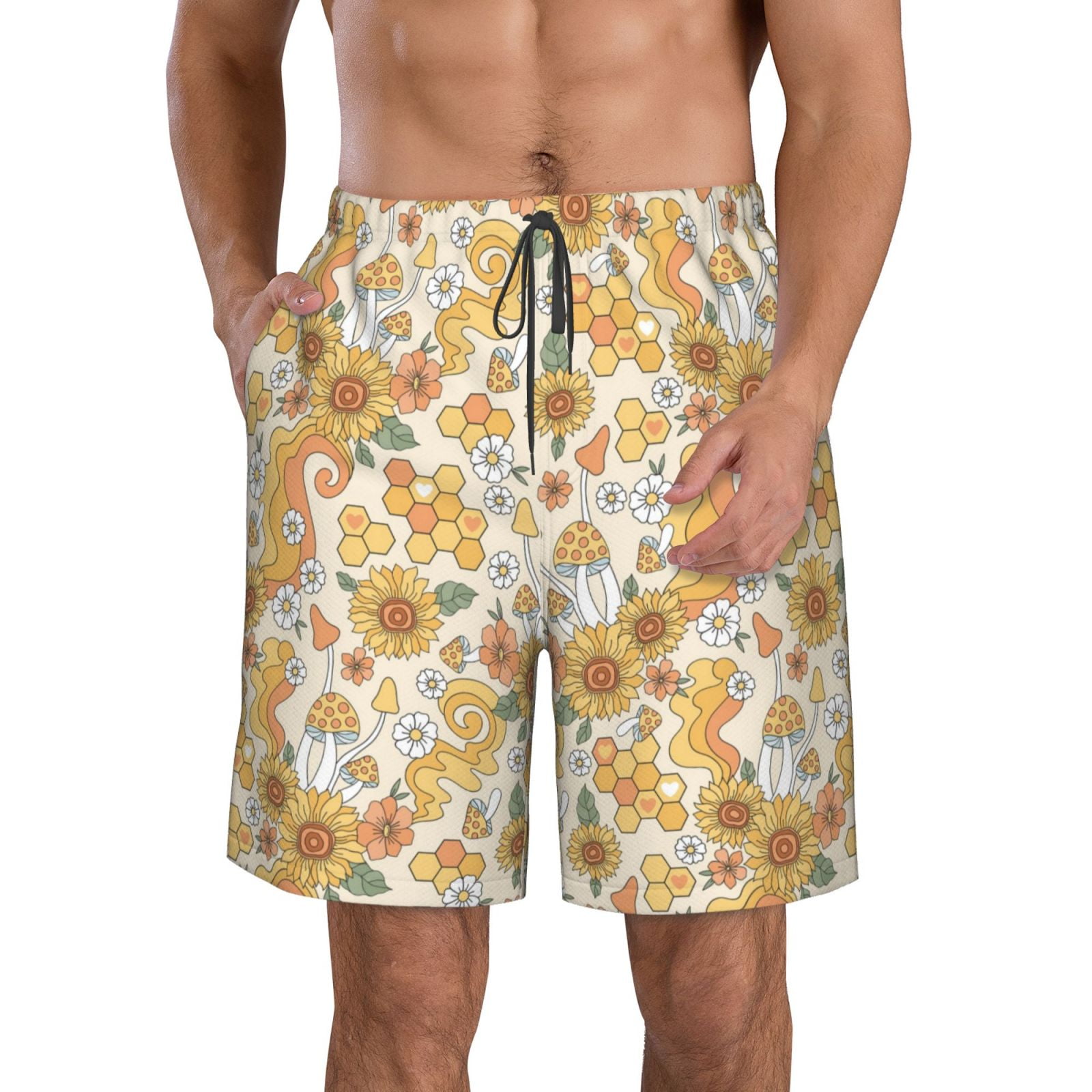 Cauagu Groovy Hippie Flower Mushrooms Print Men's Swim Trunks,Hawaiian ...