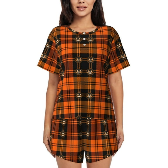 Cauagu Halloween Tartan Plaid for Women's Round Neck Pajama Set,Short ...
