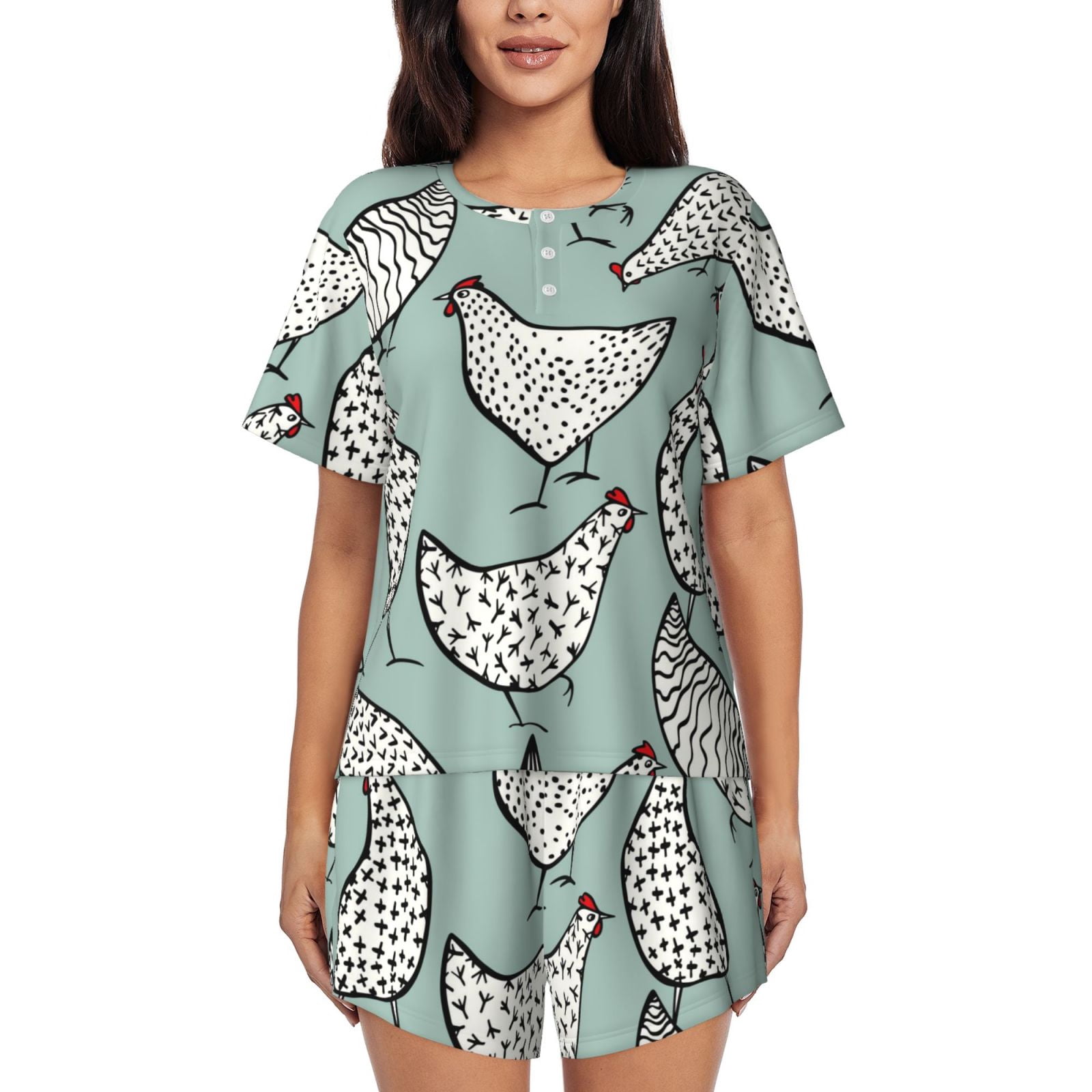 Cauagu Hand Drawn Chickens for Women's Round Neck Pajama Set,Short ...