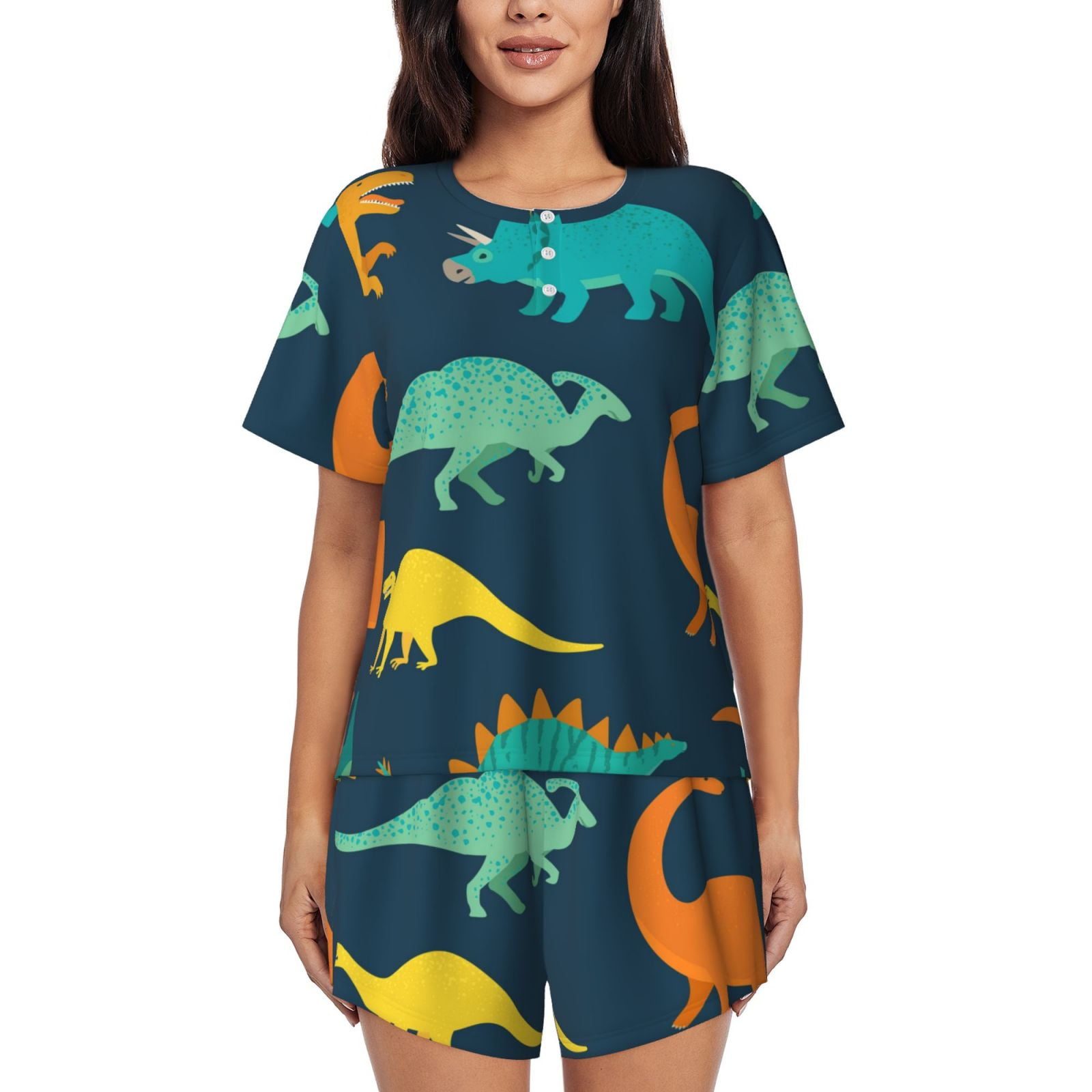 Cauagu Hand Drawn Seamless for Women's Round Neck Pajama Set,Short ...