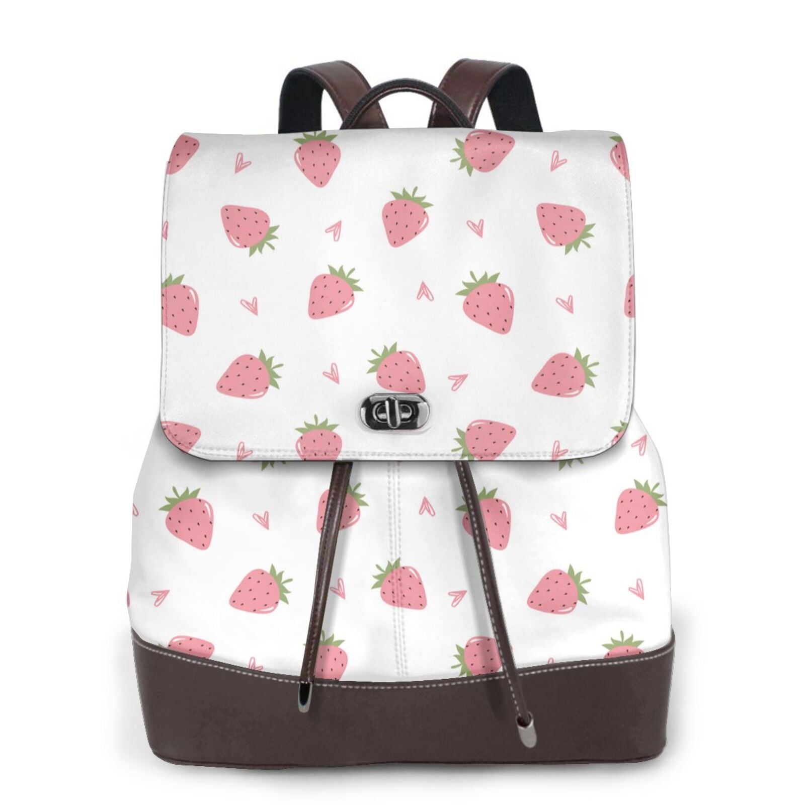 Cauagu Hand Drawn Strawberry Print Women's PU Leather Backpack,Fashion ...