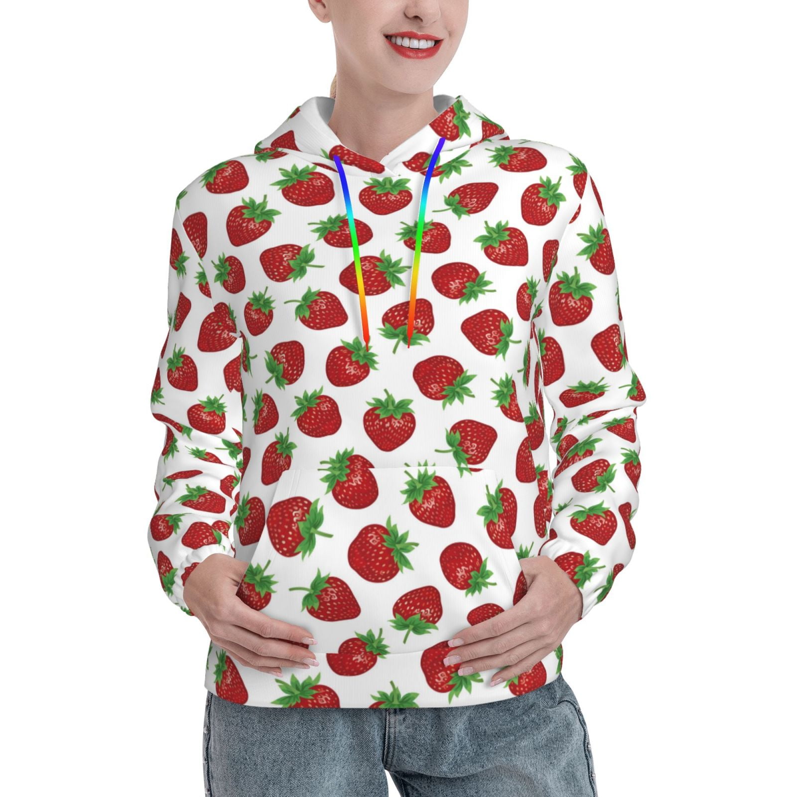 Cauagu Hand Drawn Strawberry for Women's Hooded Sweatshirts Pullover Hoodie for Women Fall ...