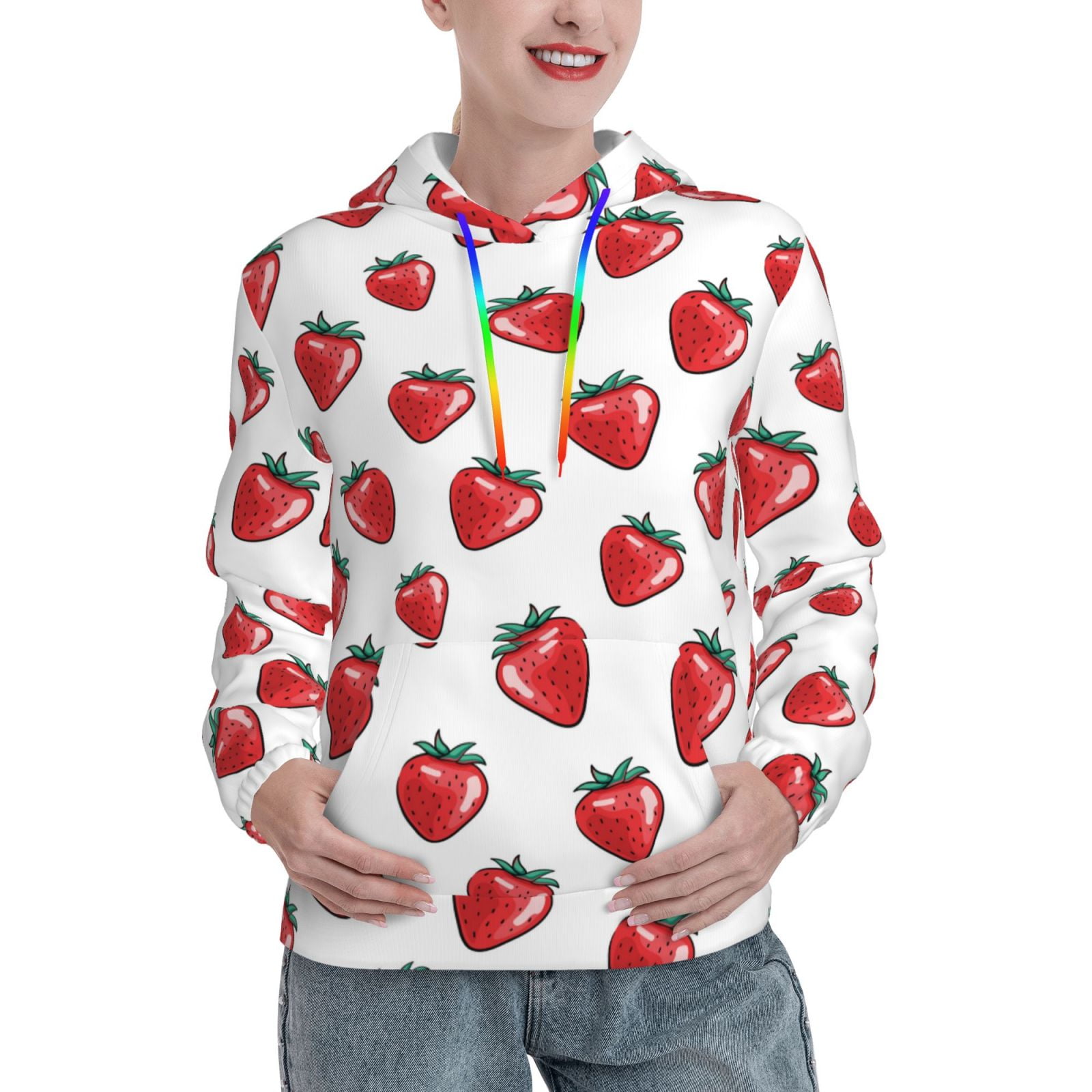 Cauagu Hand Drawn Strawberry for Women's Hooded Sweatshirts Pullover Hoodie for Women Fall ...