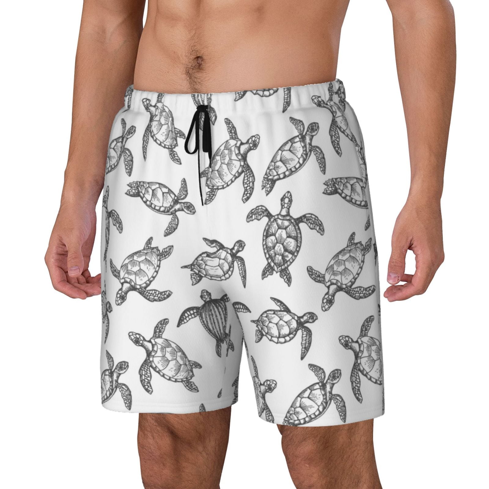 Cauagu Hand Drawn Turtle Print Mens Swim Trunks Quick Dry Board Shorts ...