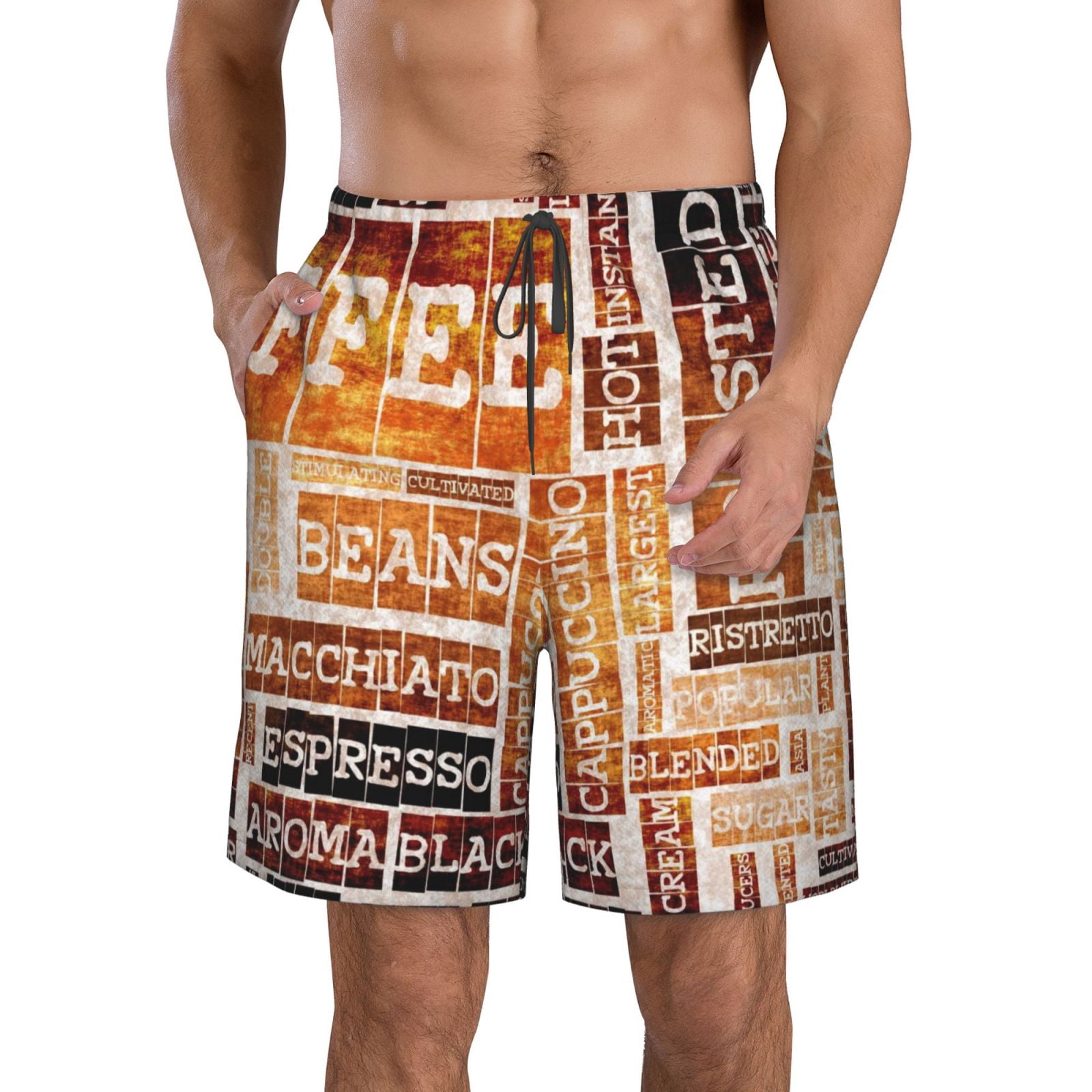 Cauagu Hand Drawn Vintage Coffee Print Men's Swim Trunks,Hawaiian ...