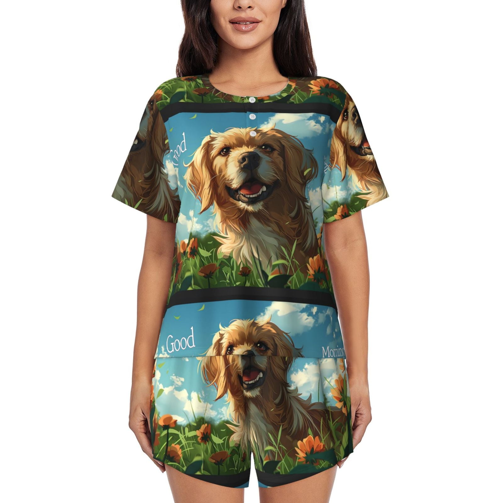 Cauagu Happy Dog In Flower Field for Women's Round Neck Pajama Set ...