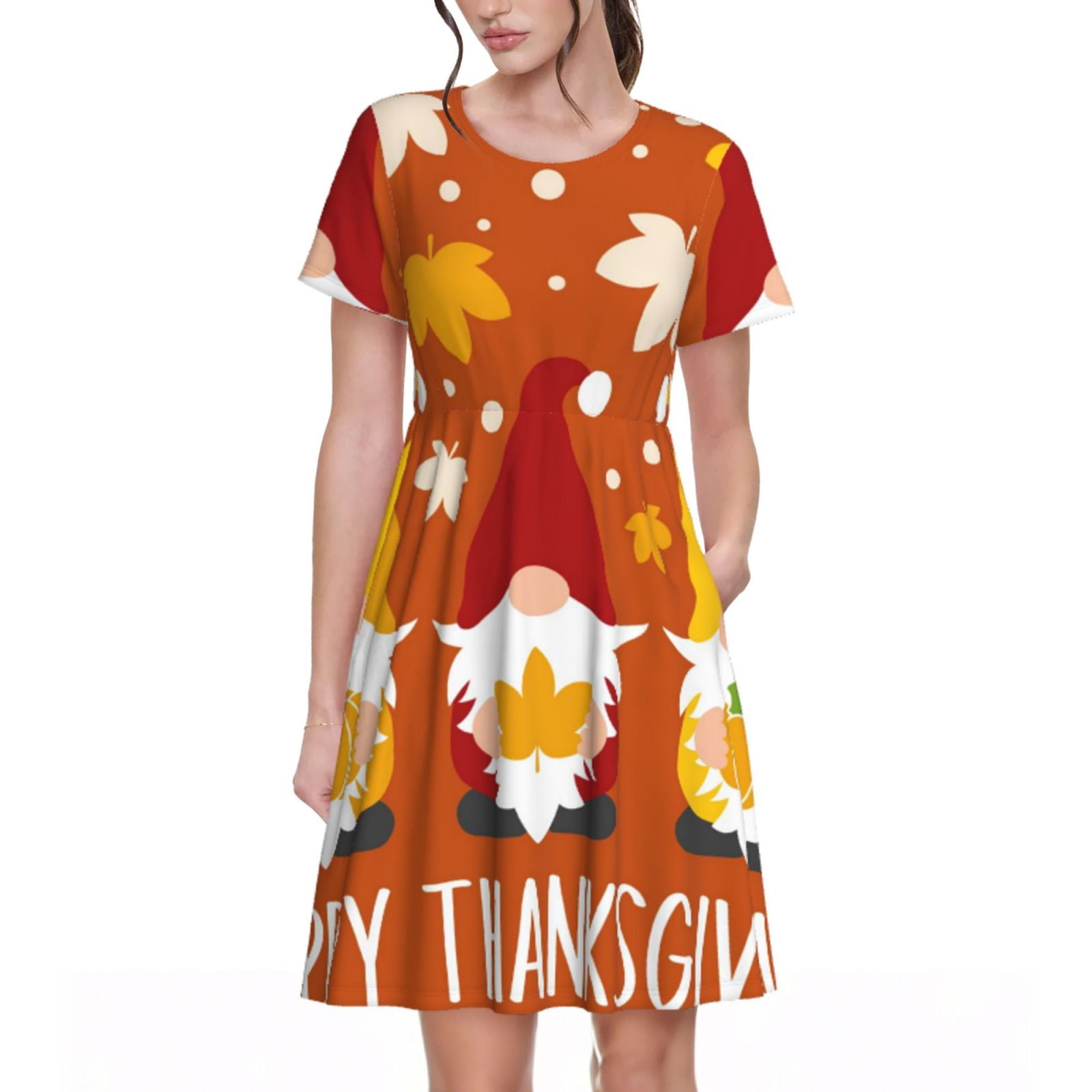 Cauagu Happy Thanksgiving Three Gnomes Print Summer Dresses for Women 2025 Loose Short Sleeve ...