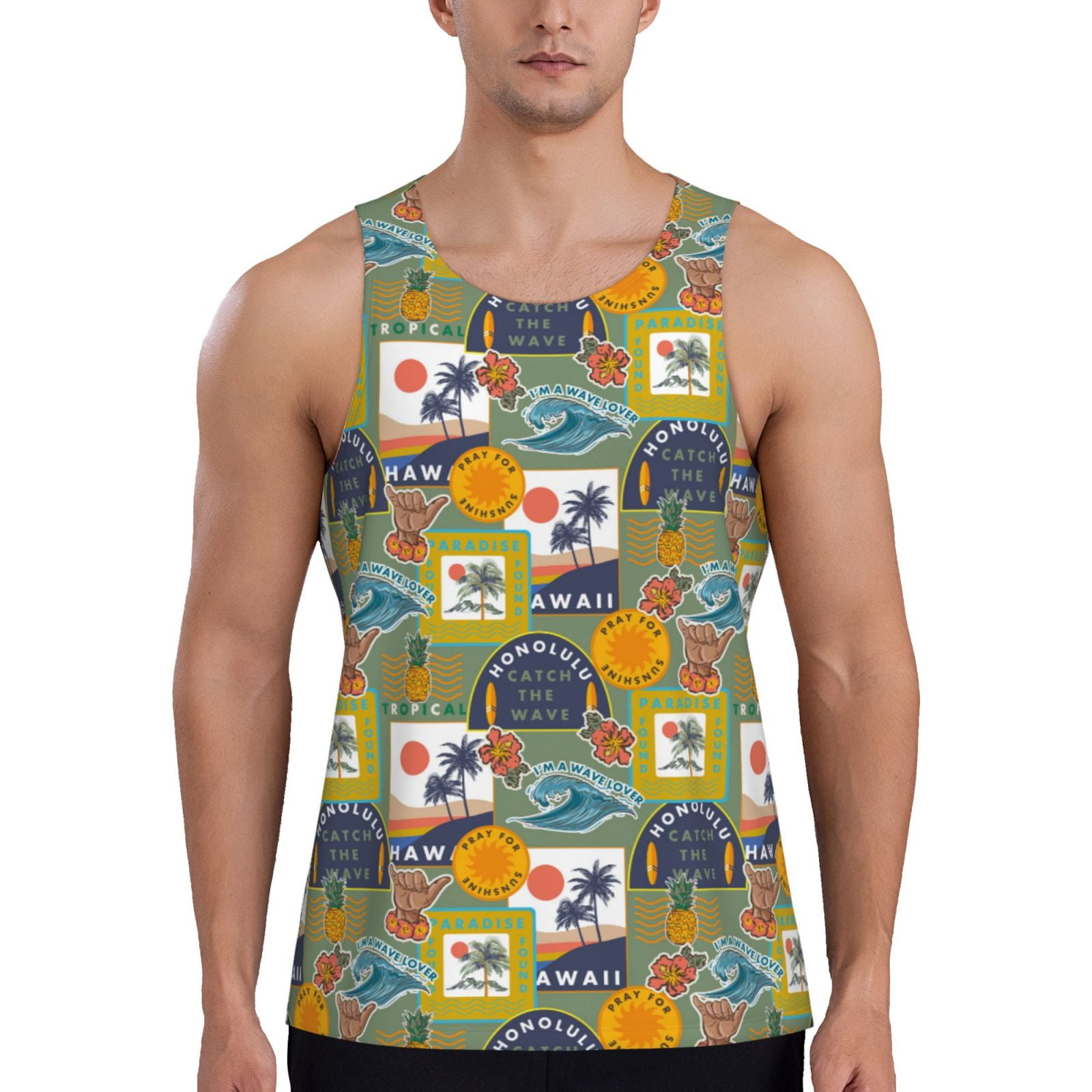 Cauagu Hawaiian Style Print Men's Sleeveless Muscle Shirts,Tank Tops ...