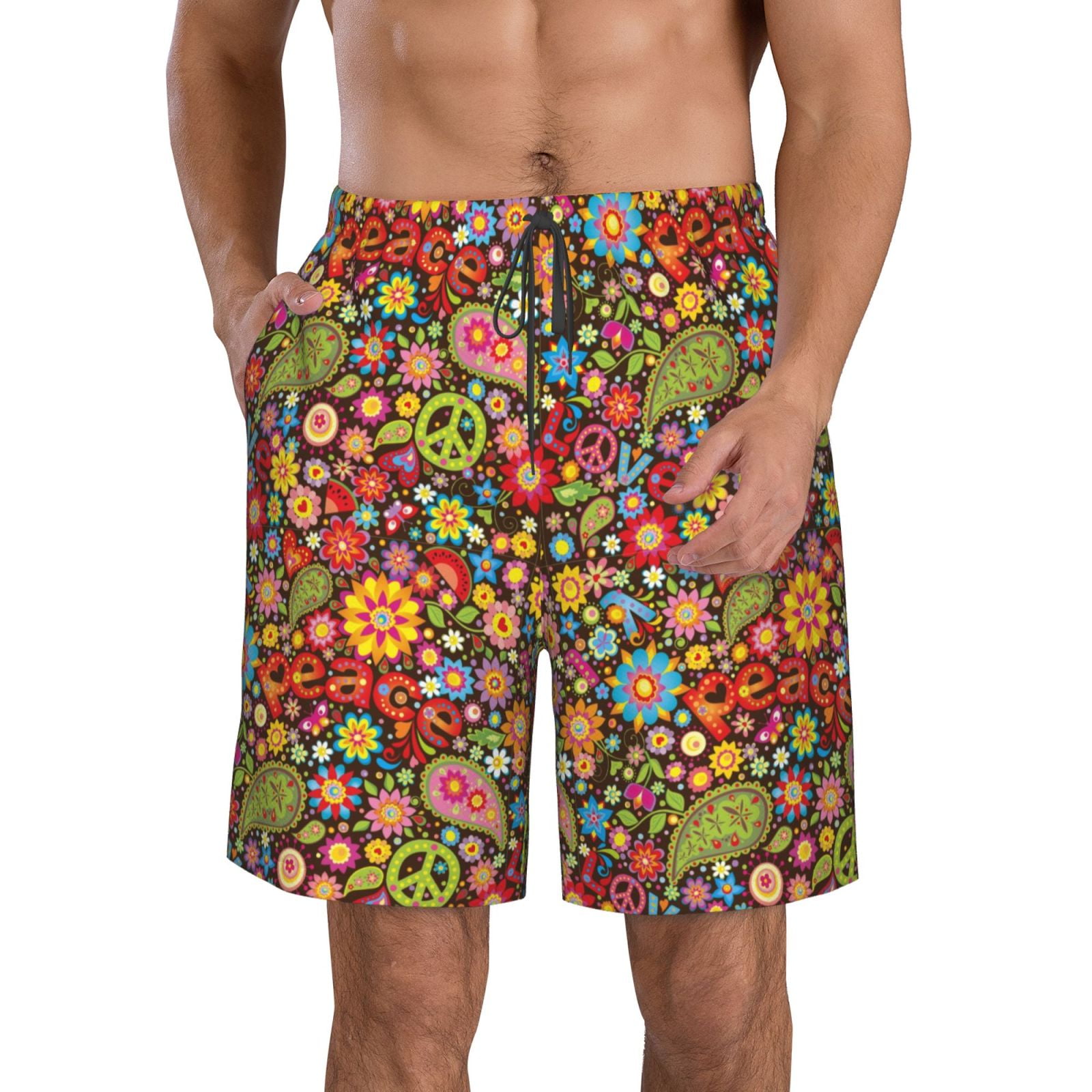 Cauagu Hippie Peace Love Print Men's Swim Trunks,Hawaiian Bathing Suit ...