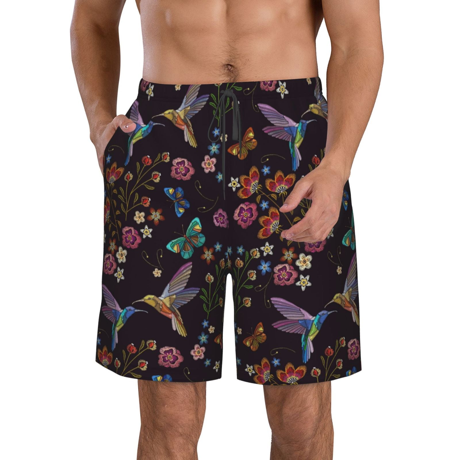 Cauagu Humming Bird And Tropical Flowers Print Men's Swim Trunks ...