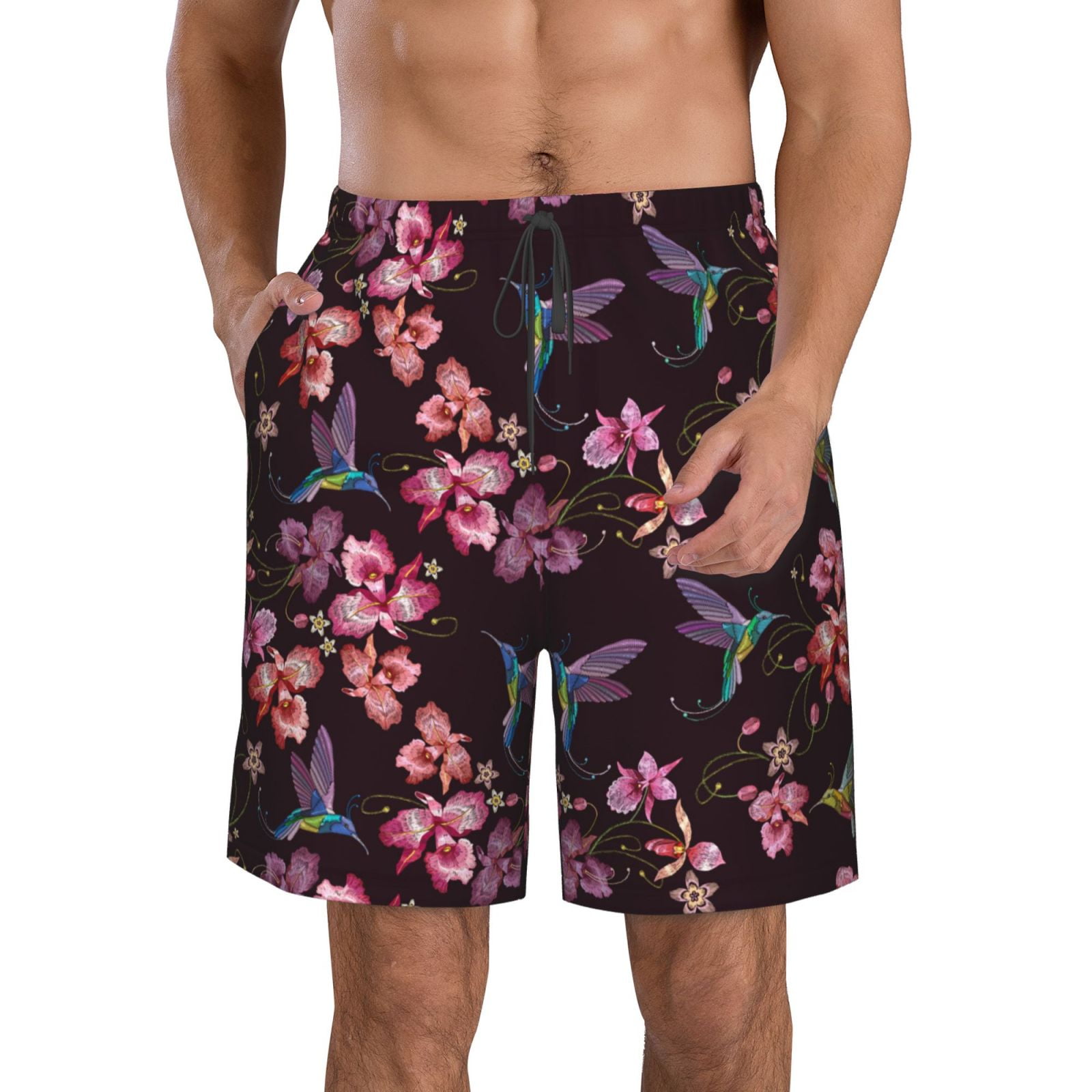 Cauagu Humming Bird And Tropical Print Men's Swim Trunks,Hawaiian ...