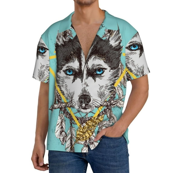 Cauagu Husky With Dreamcatcher Men's Short Sleeve Button Down Hawaiian ...