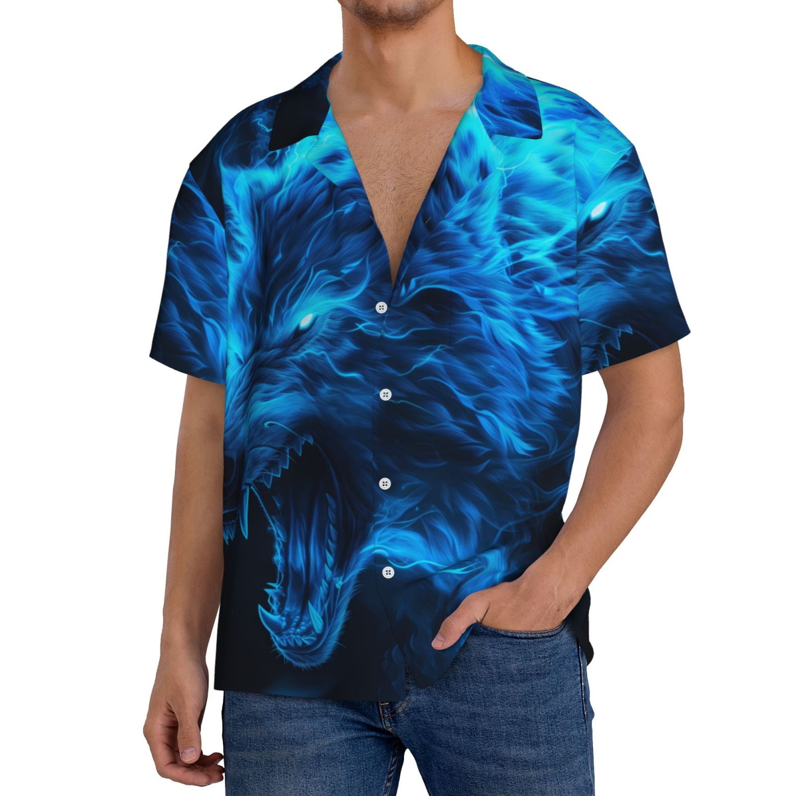 Cauagu Ice Blue Fire Wolf Men's Short Sleeve Button Down Hawaiian Shirt ...