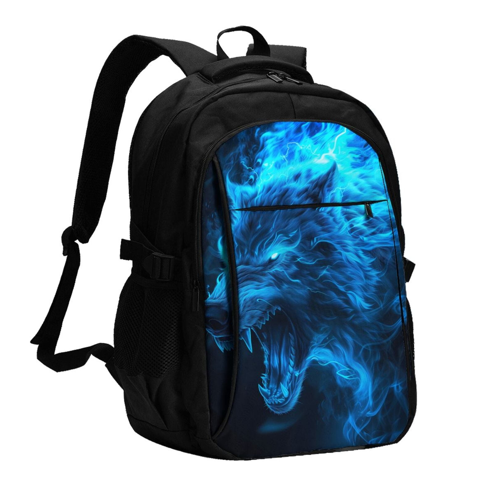 Cauagu Ice Blue Fire Wolf Print Travel Laptop with USB Charging Port ...