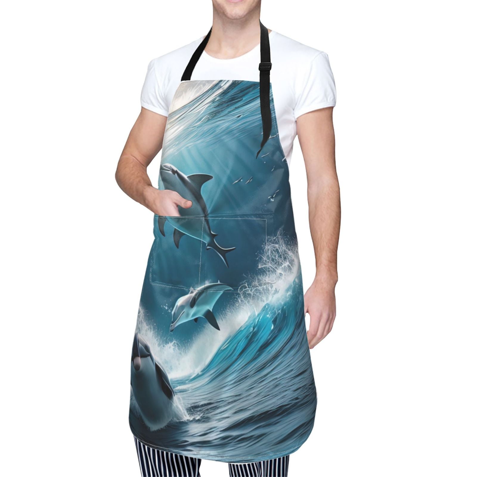 Cauagu Ice Blue Ocean Cute Dolphin A Aprons with Pockets,Waterproof ...