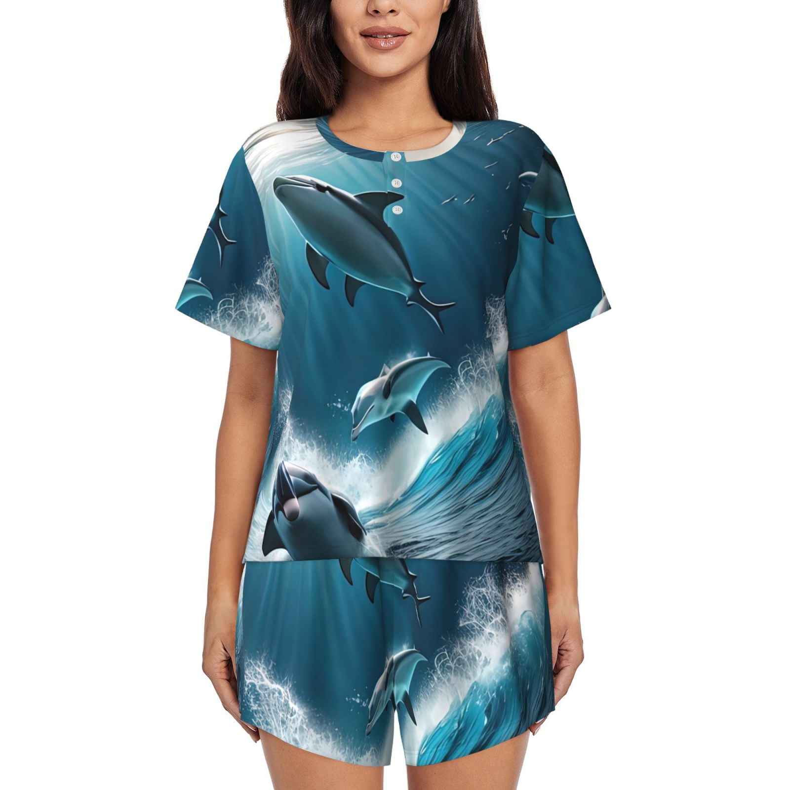 Cauagu Ice Blue Ocean Cute Dolphin A for Women's Round Neck Pajama Set ...