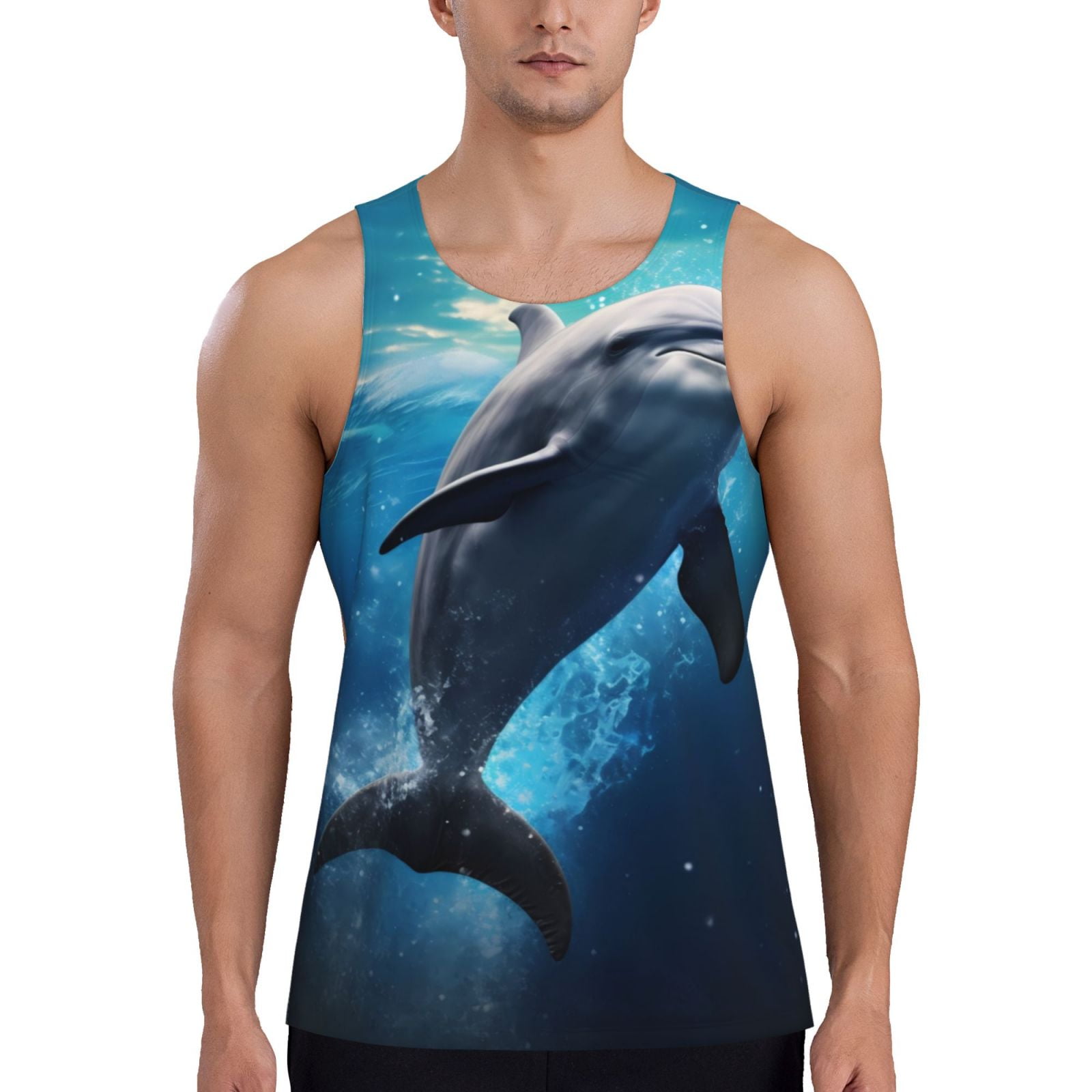 Cauagu Ice Blue Ocean Cute Dolphin Print Men's Sleeveless Muscle Shirts ...