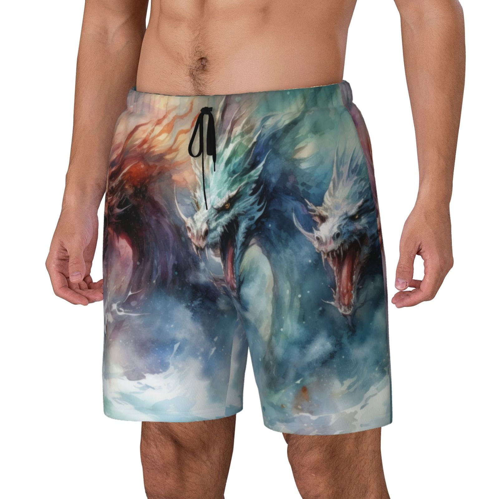 Cauagu Ink Style Wave Dragon Print Mens Swim Trunks Quick Dry Board ...