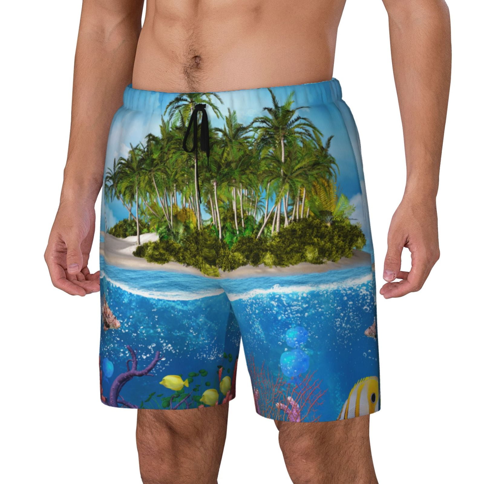 Cauagu Island And Coral Reef Print Mens Swim Trunks Quick Dry Board ...