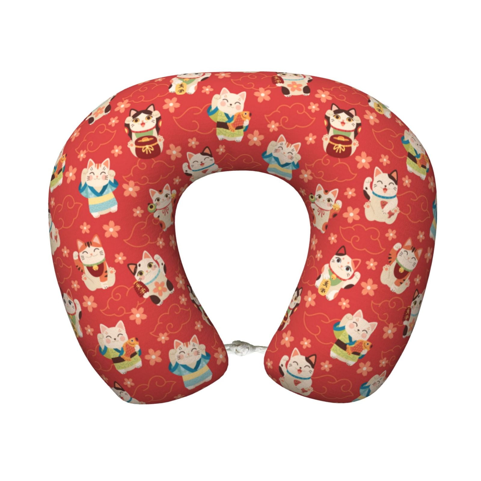 Cauagu Japanese Maneki Cats Pattern Travel Pillow Memory Foam, U-Shaped ...