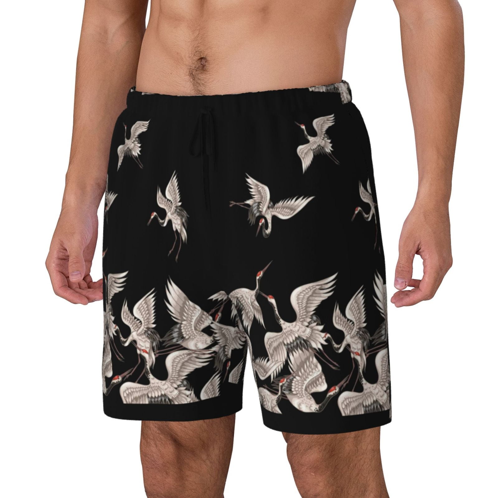 Cauagu Japanese White Crane Print Mens Swim Trunks Quick Dry Board ...